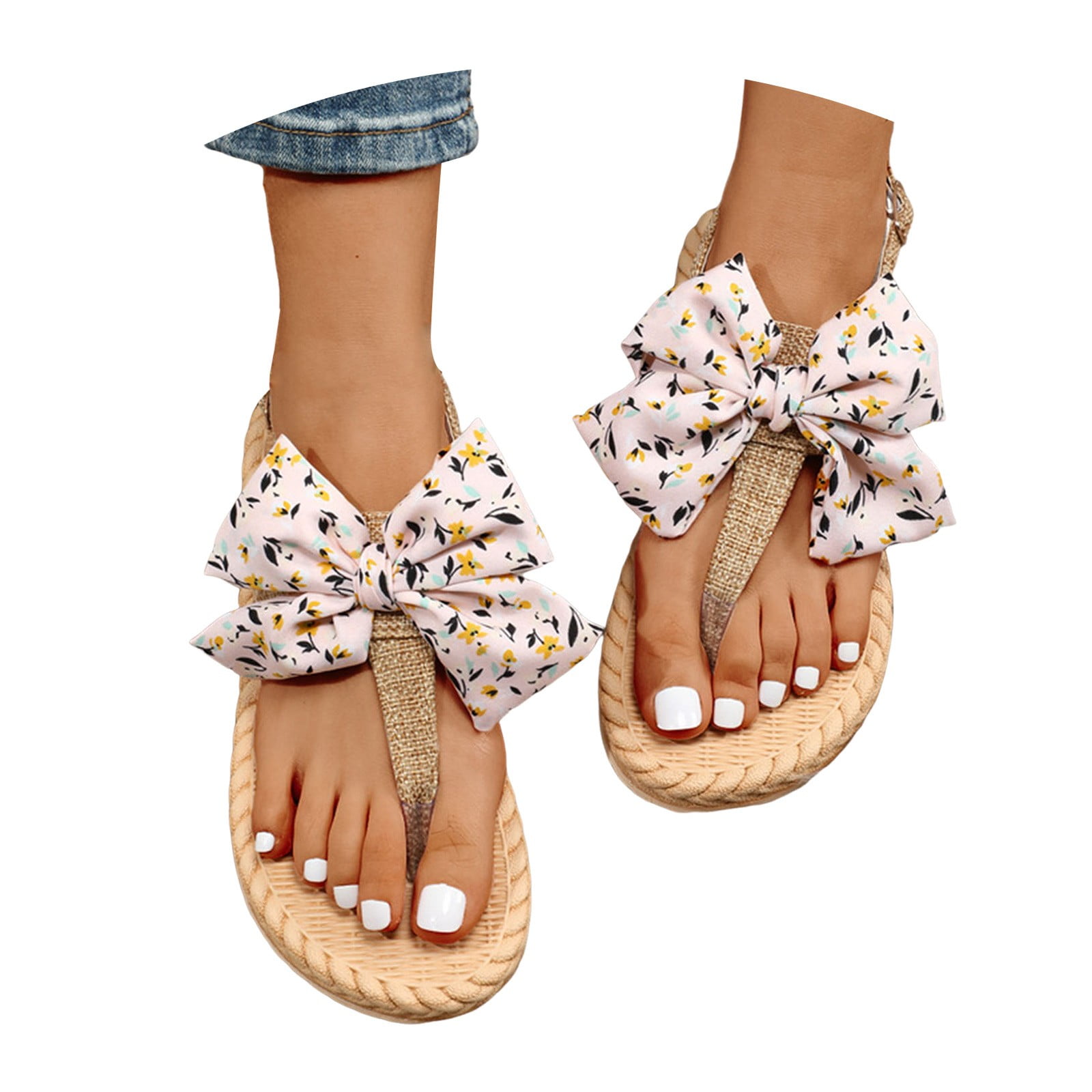Dakaela Women's Linen Flip Flops Bow Beach Vacation Flat Sandals Casual ...