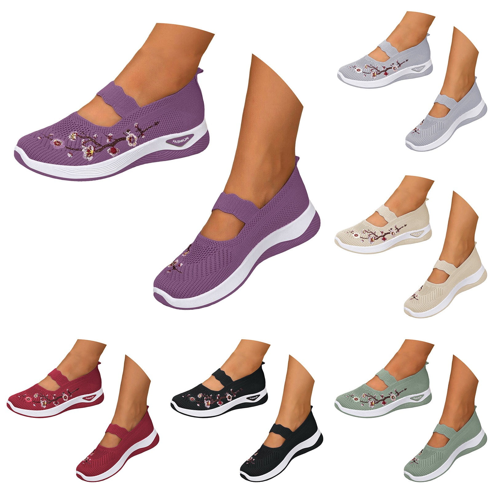 Dakaela Women's Mary Jane Walking Shoes Flower Embroidered Slip on Knit ...