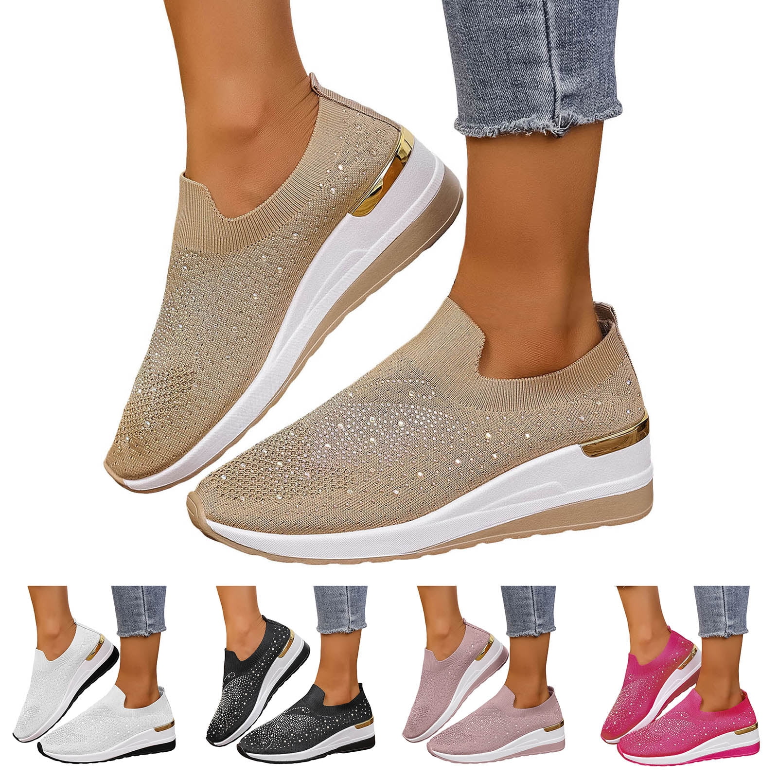 Dakaela Women's Mesh Slip on Wedge Walking Shoes Rhinestone Glitter ...