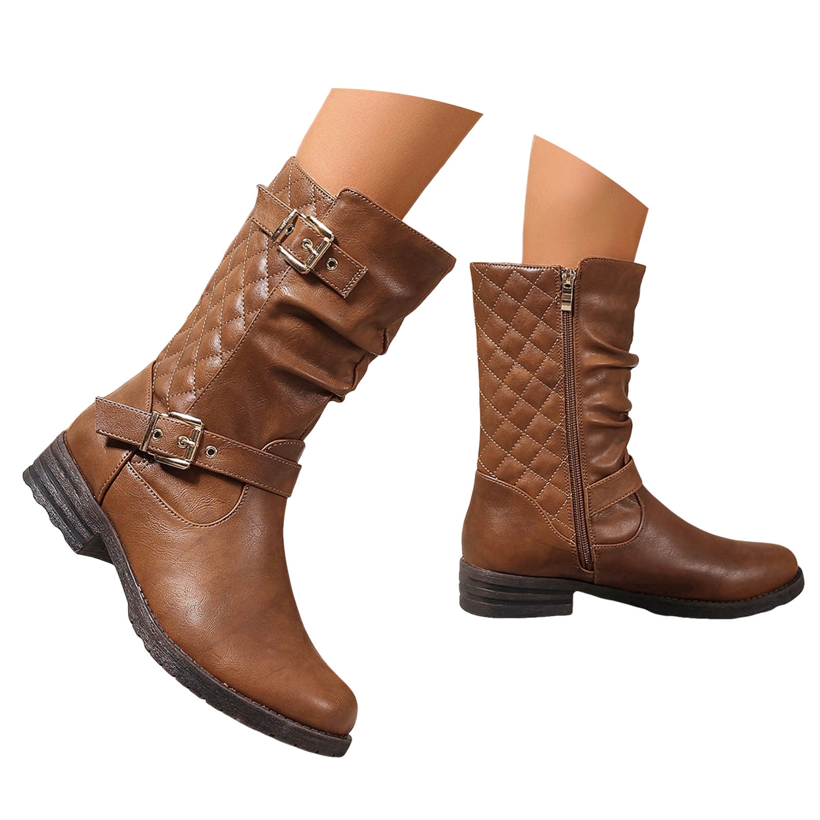 Dakaela Women's Motorcycle Mid Calf Boots Round Toe Buckle Short Riding ...