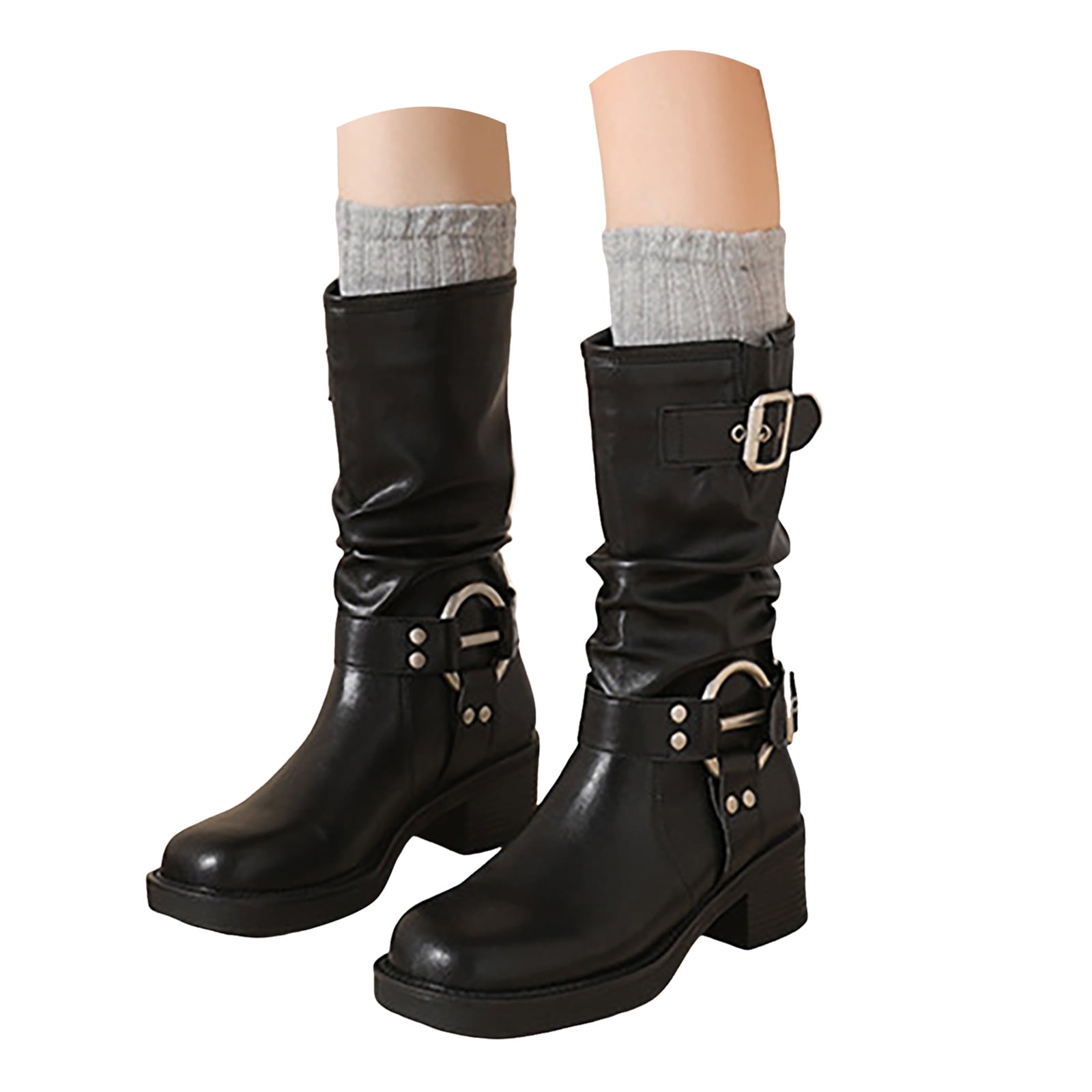 Dakaela Women's Motorcycle Mid Calf Boots Square Toe Chunky Low Heel ...
