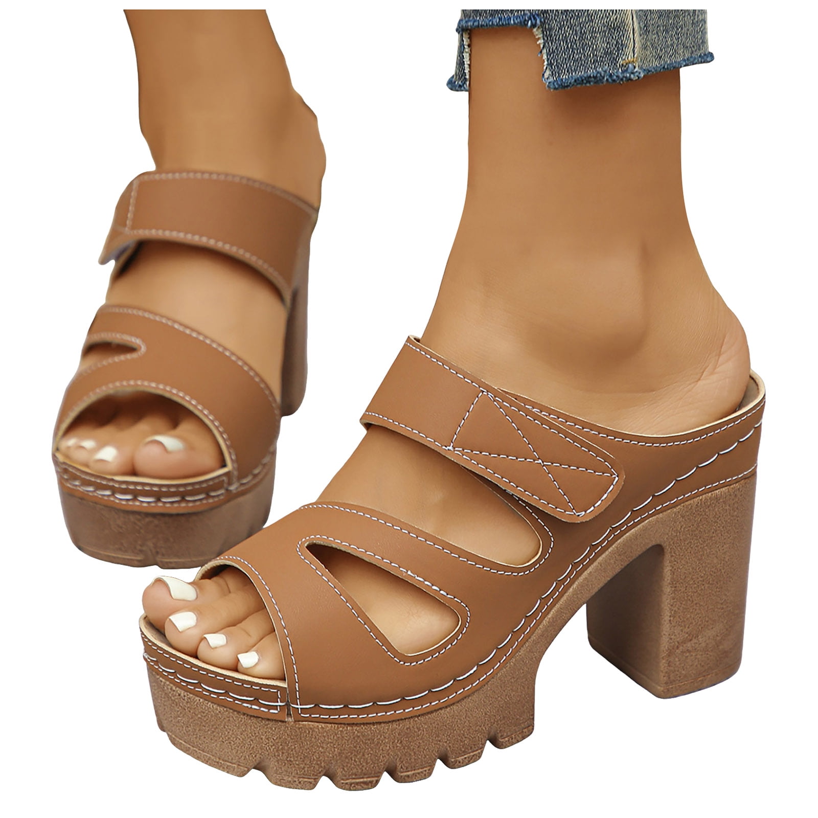 Dakaela Women's Platform Heels Open Toe Slip on Slide Sandals Leather ...