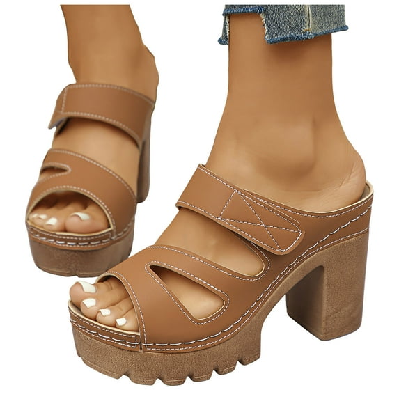 Dakaela Women's Platform Heels Open Toe Slip on Slide Sandals Leather ...
