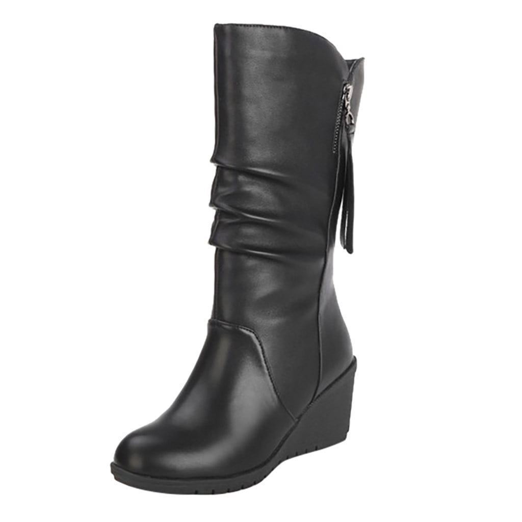 Dakaela Women's Slouch Mid Calf Boots Wedge Low Heel Casual Pull on ...