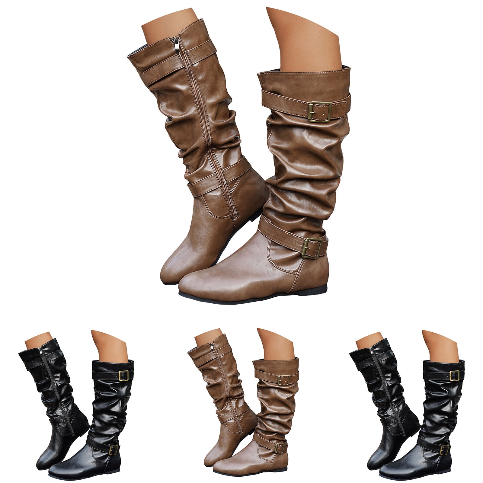 Dakaela Women's Slouchy Knee High Boots Wide Calf Riding Combat Boots ...