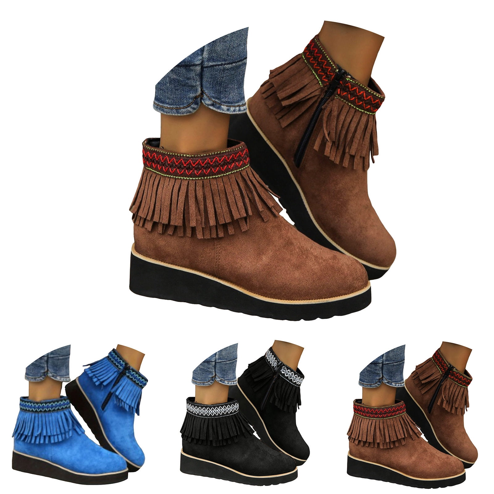 Dakaela Women's Suede Fringe Ankle Boots Bohemian Tassel Wedge Western ...