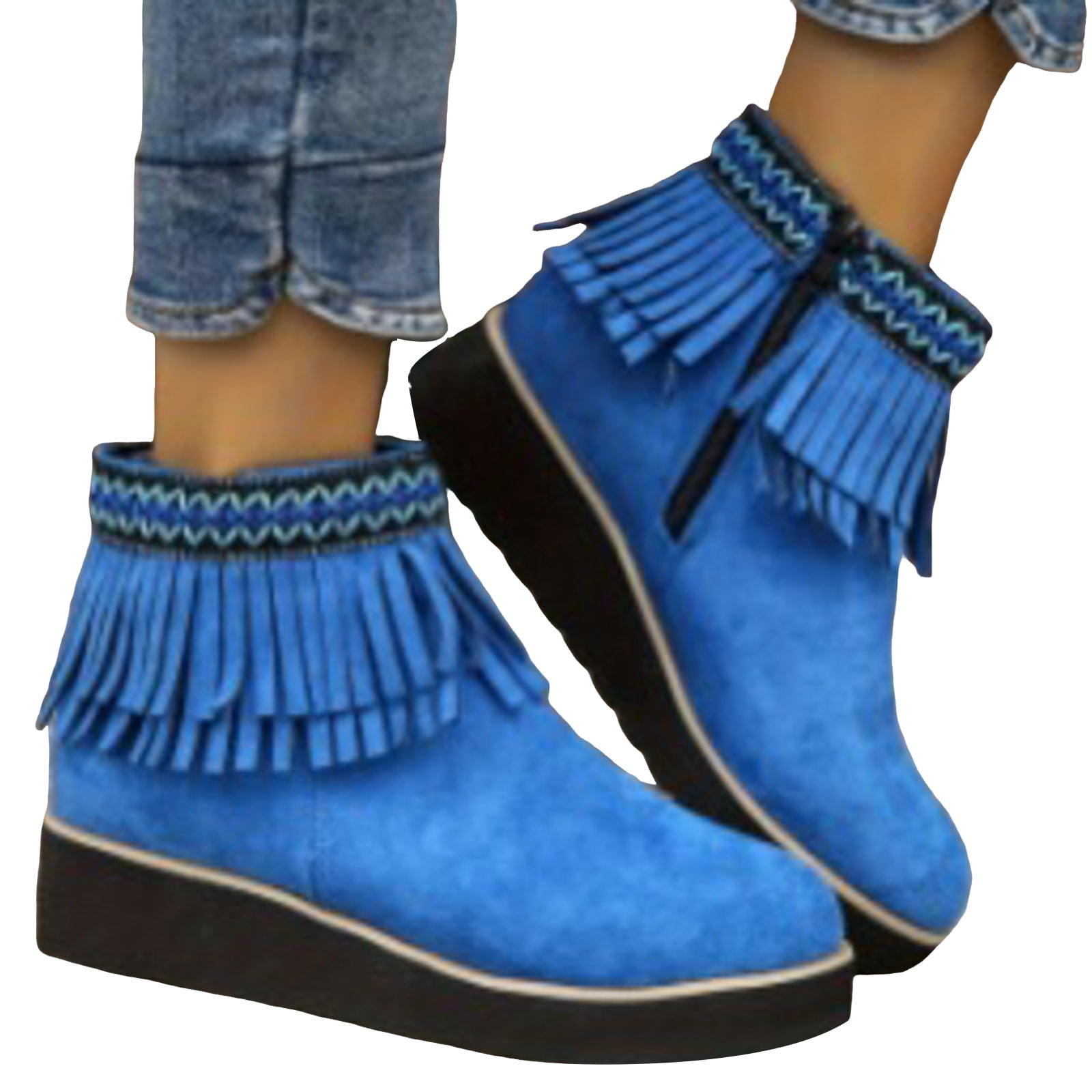 Dakaela Women's Suede Fringe Ankle Boots Bohemian Tassel Wedge Western ...