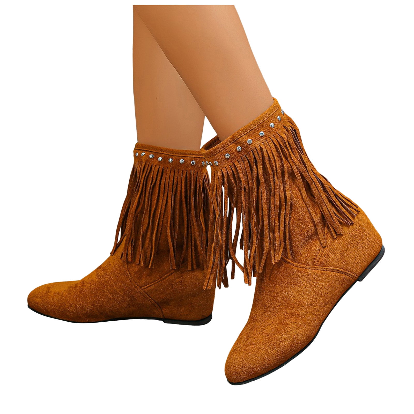 Dakaela Women's Tassels Suede Mid Calf Boots Round Toe Fringe Western ...