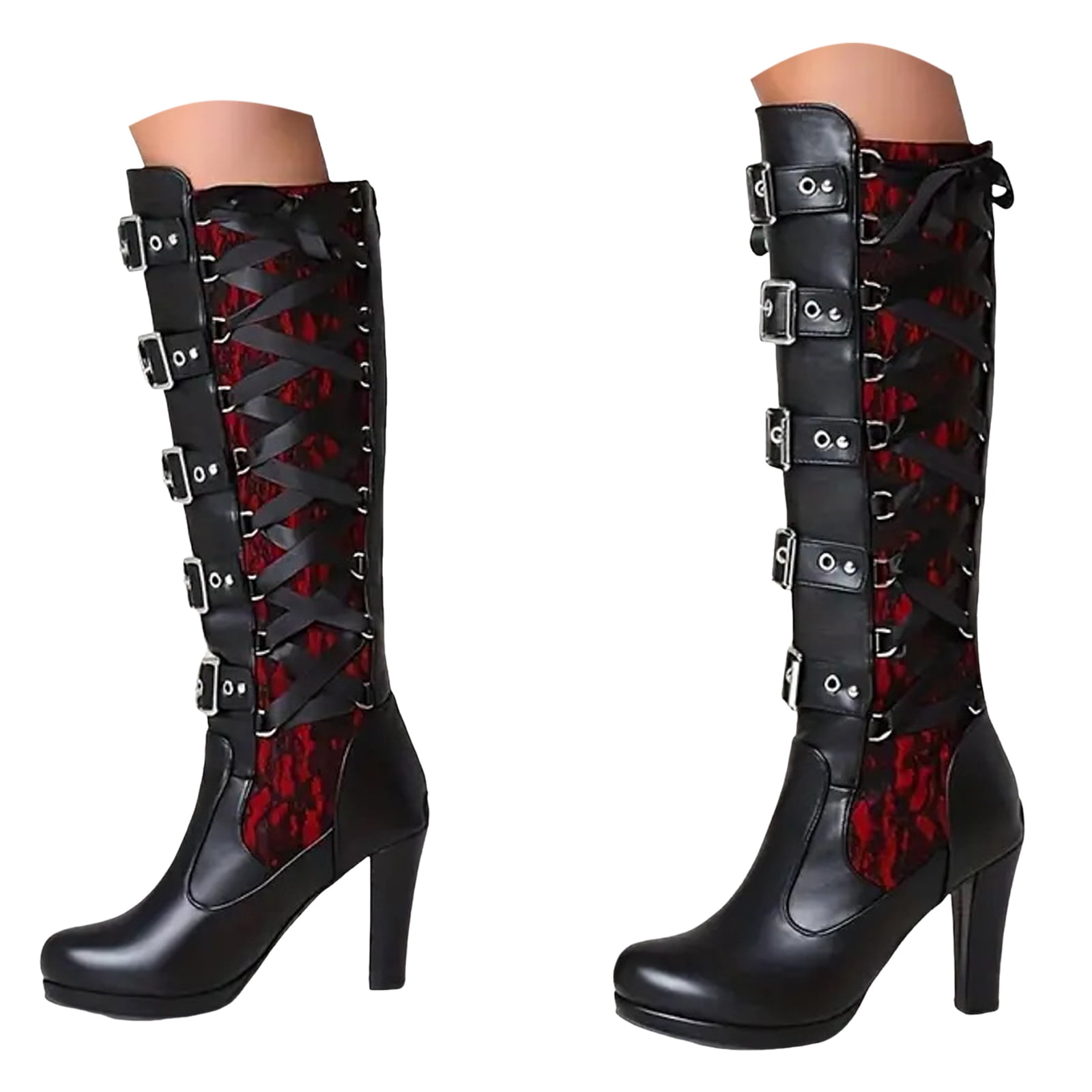 Dakaela Women's Victorian Knee-High Boots Lace up Buckle Block Heel ...