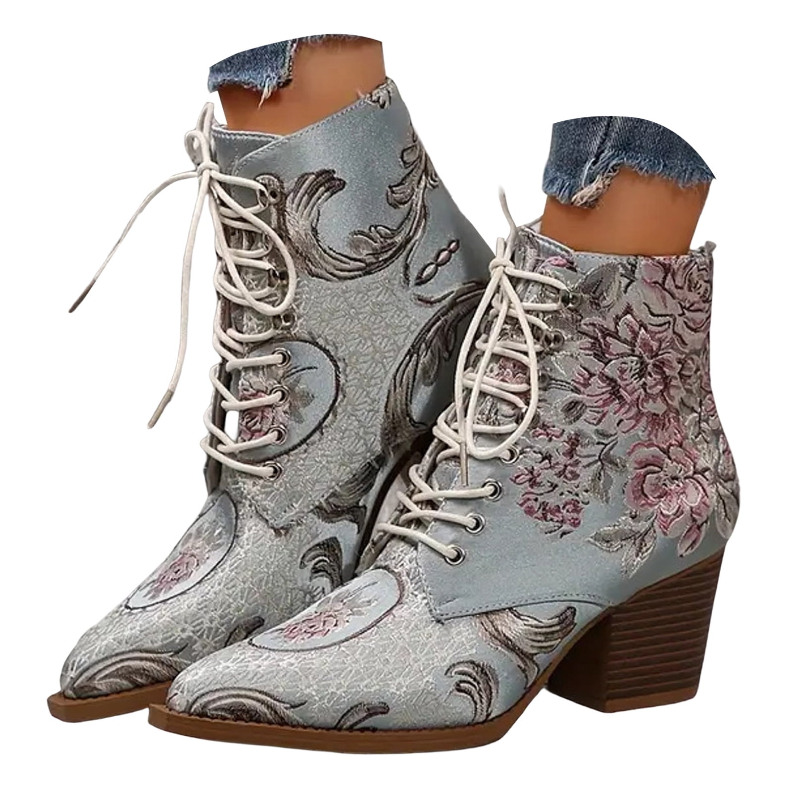 Dakaela Women's Vintage Cowboy Boots Floral Embroidered Lace up Chunky ...