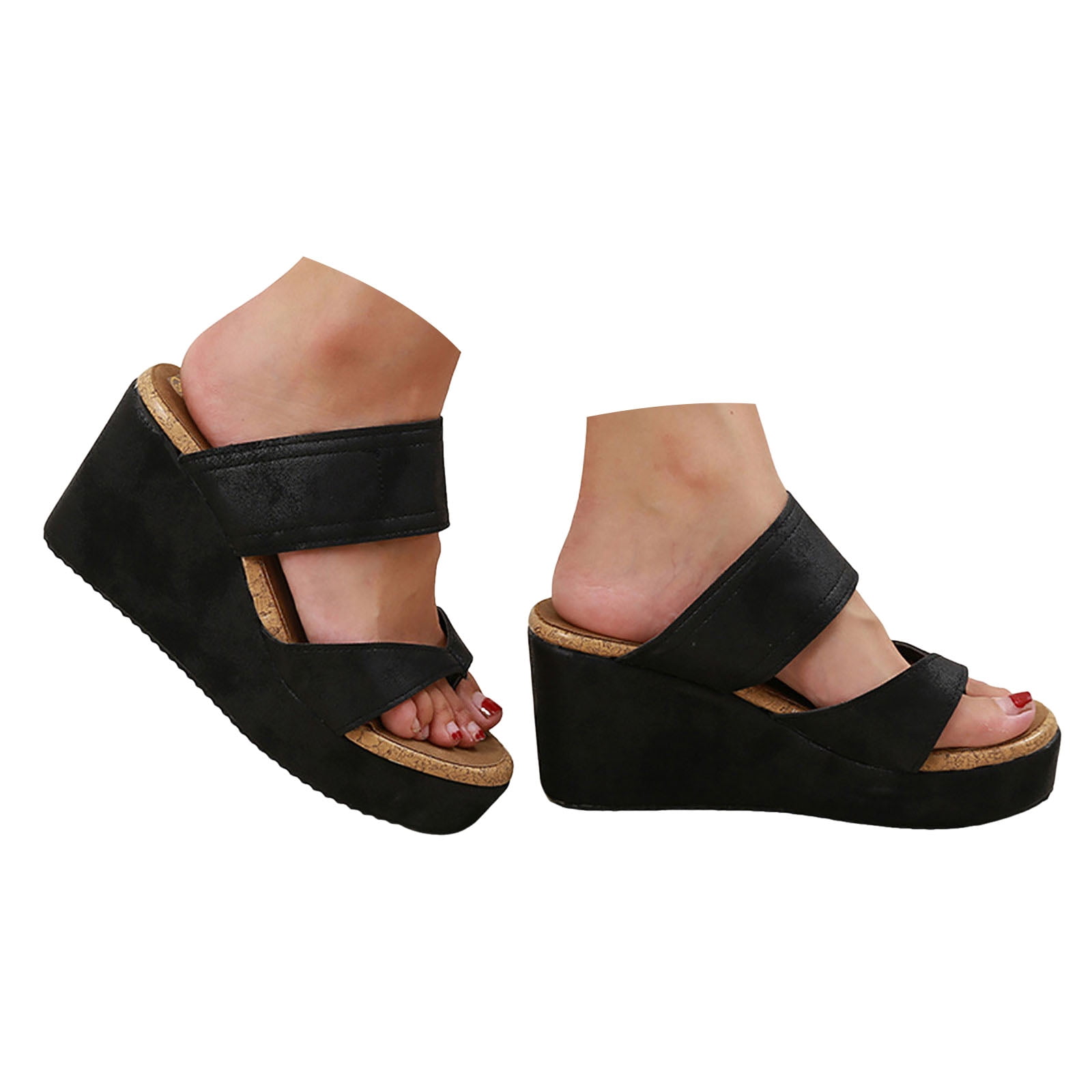 Dakaela Women's Wedge Sandals Platform Thong Leather Strap Slides ...