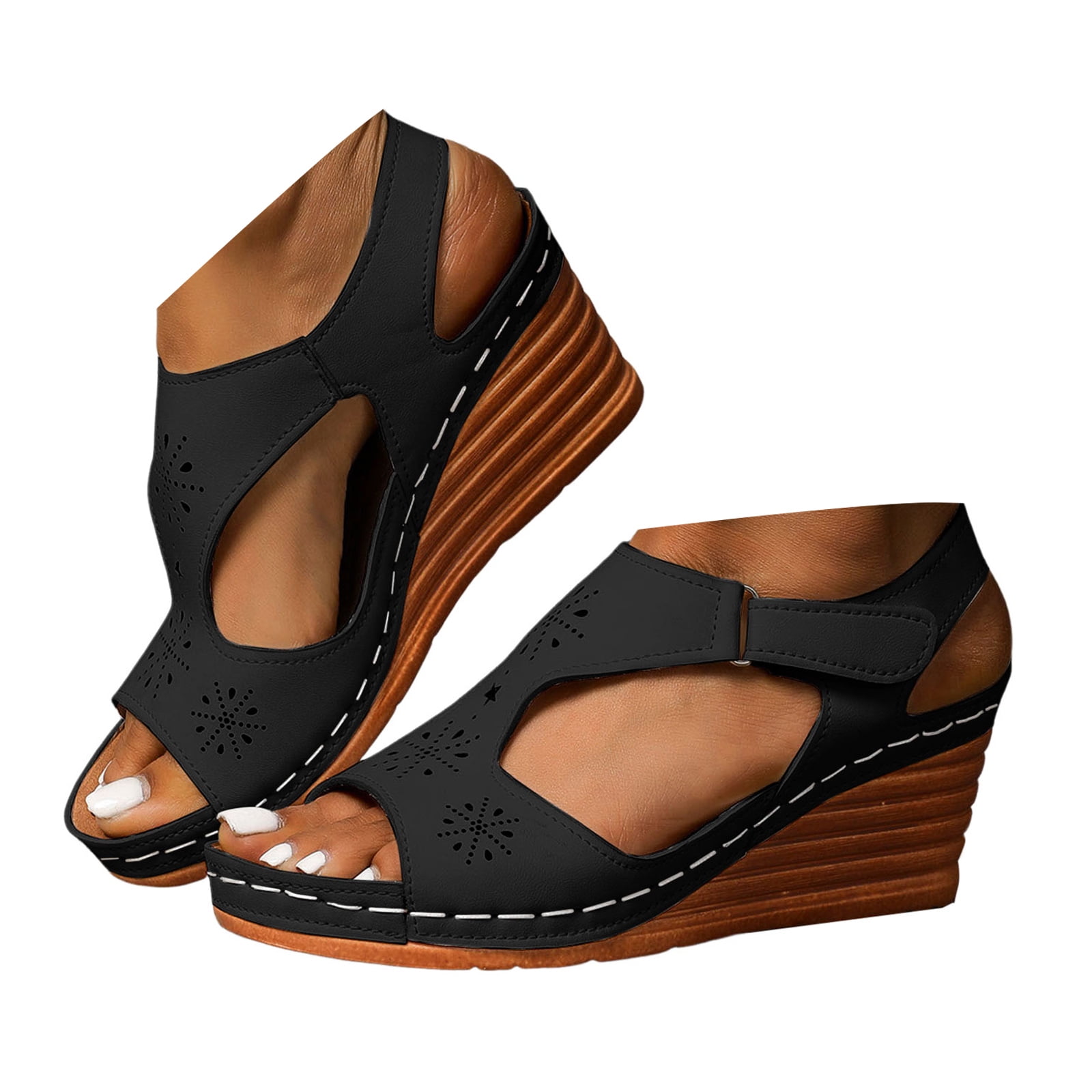 Dakaela Women's Wedge Sandals T Strap Summer Beach Platform Shoes Slip ...