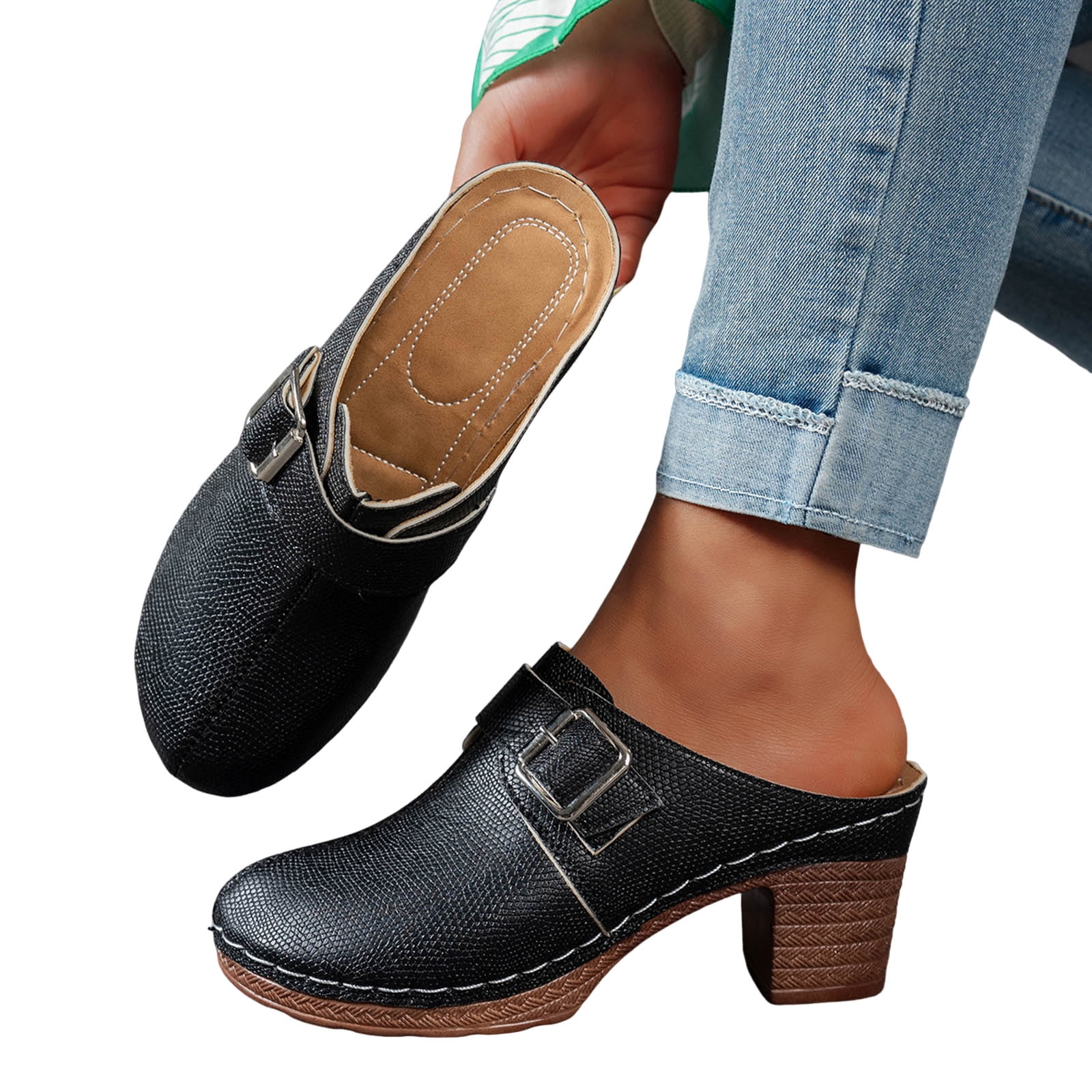 Dakaela Womens Chunky Heels Mules Closed Toe Heeled Slip on Clogs ...