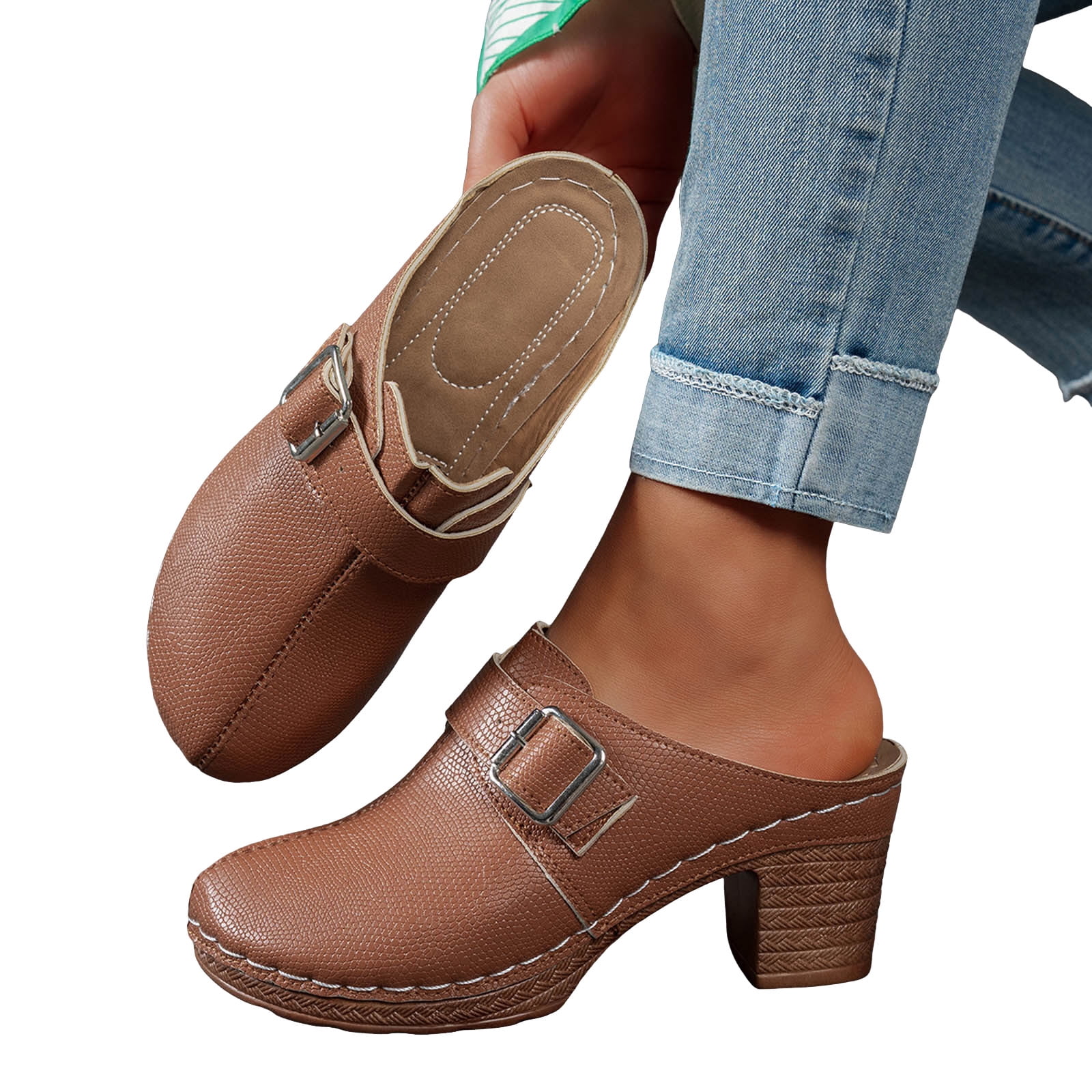 Dakaela Womens Chunky Heels Mules Closed Toe Heeled Slip on Clogs ...