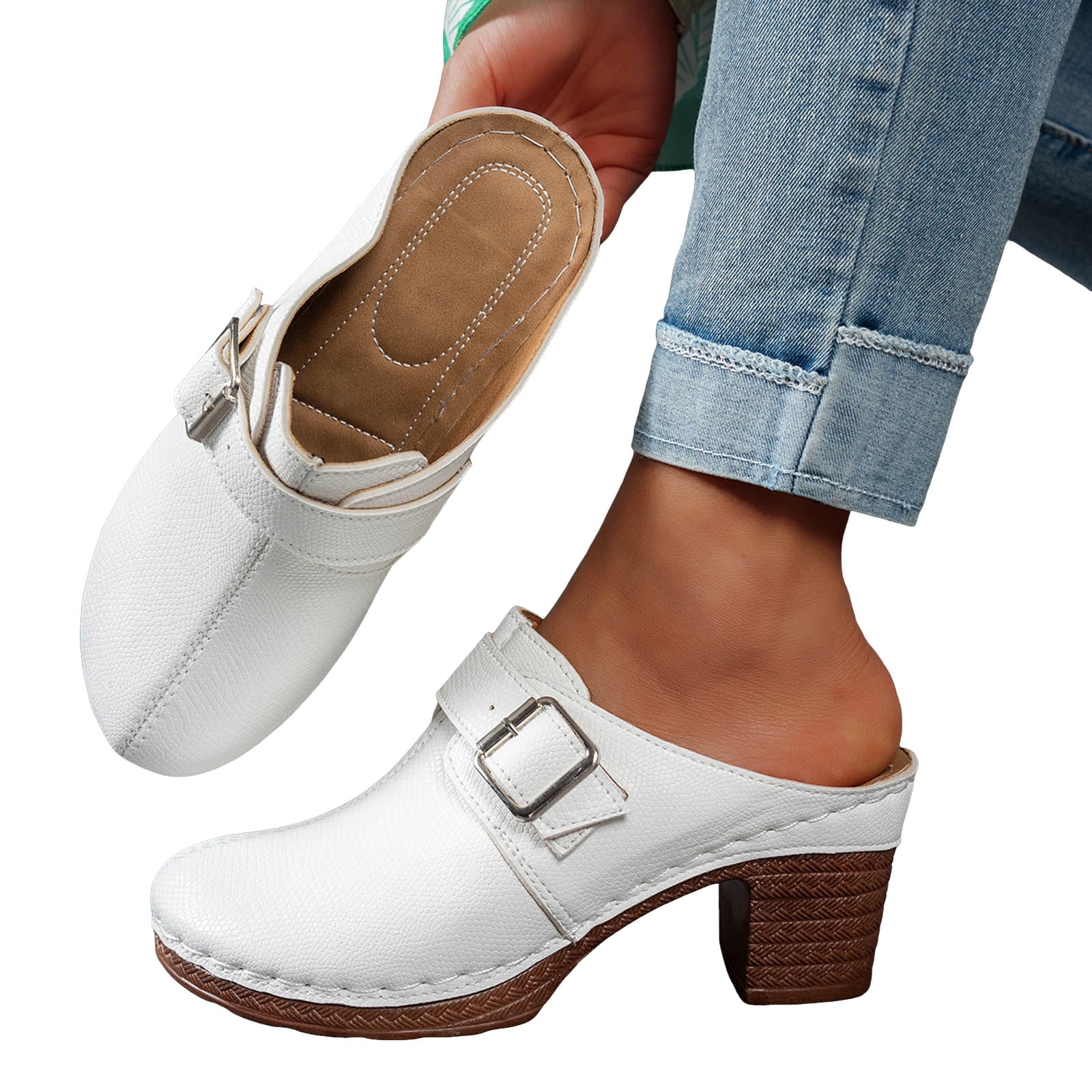 Dakaela Womens Chunky Heels Mules Closed Toe Heeled Slip on Clogs ...