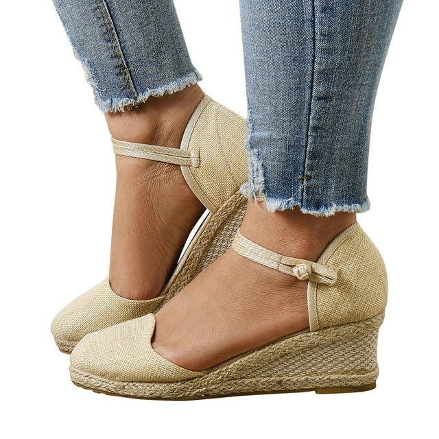 Dakaela Womens Espadrille Platform Wedge Sandals Ankle Buckle Strap Closed Toe Walking Slip on ...