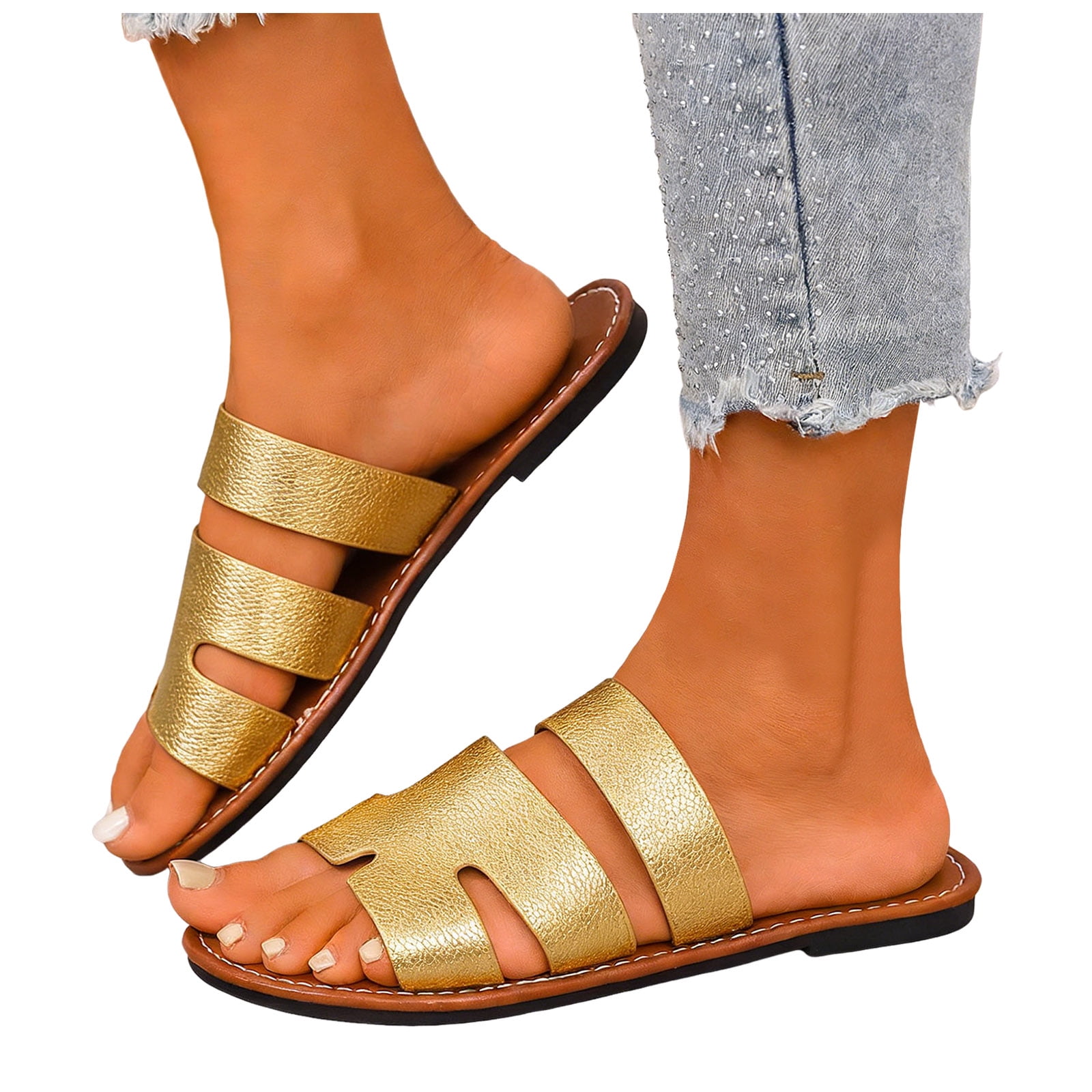 Dakaela Womens Flat Sandals Fashion Round Open Toe Slip on Slides ...