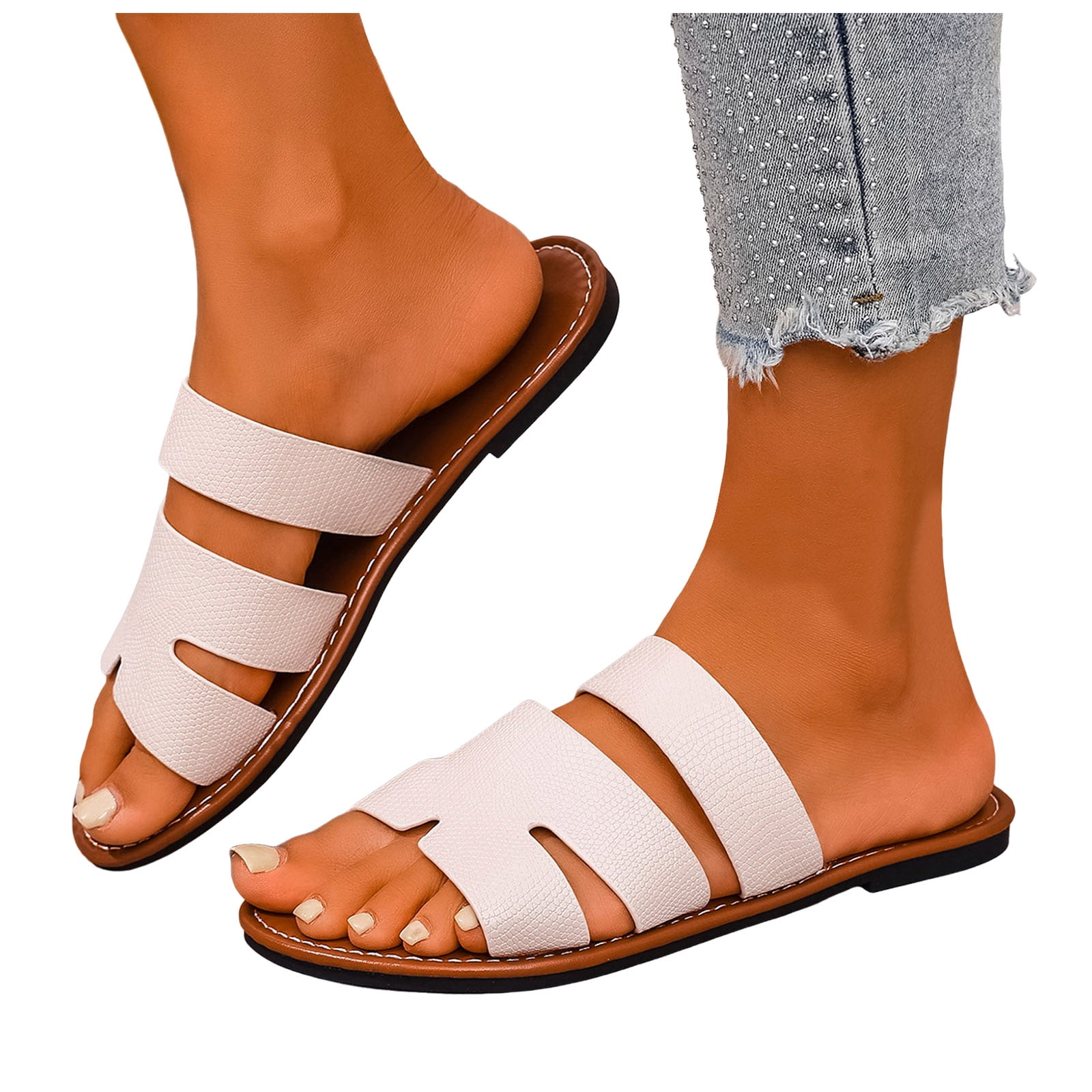 Dakaela Womens Flat Sandals Fashion Round Open Toe Slip on Slides ...