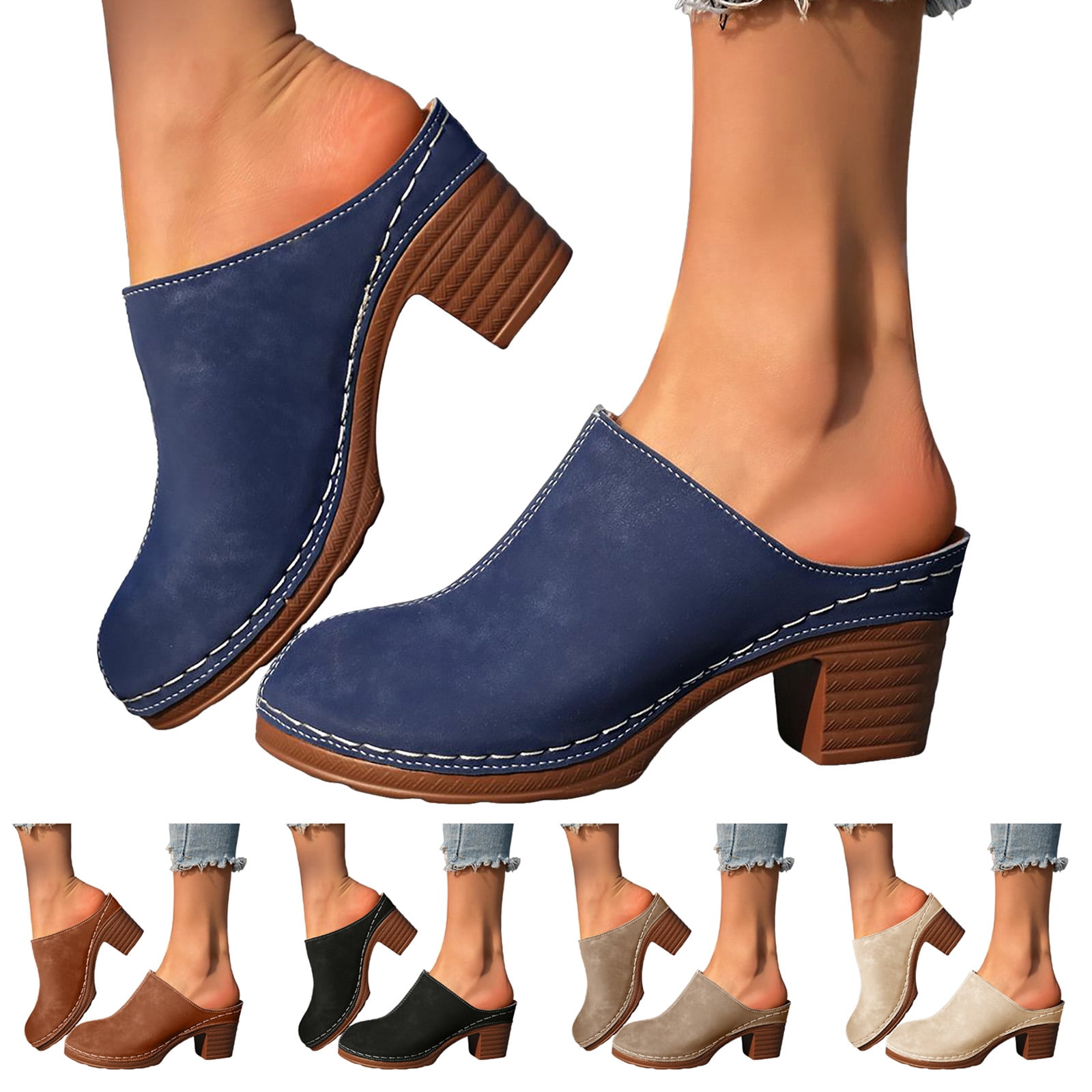 Dakaela Womens Mules Pumps Closed Round Toe Slip on Heels Clogs Suede ...