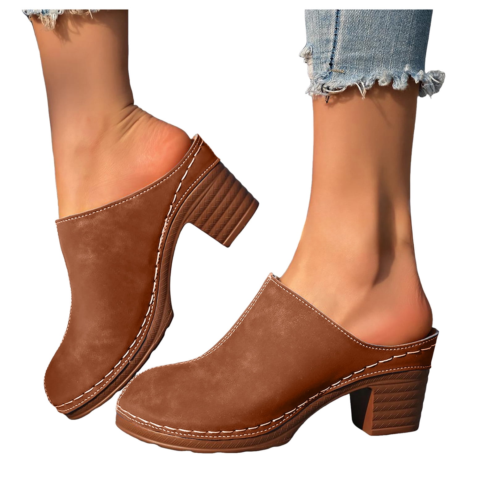 Dakaela Womens Mules Pumps Closed Round Toe Slip on Heels Clogs Suede ...
