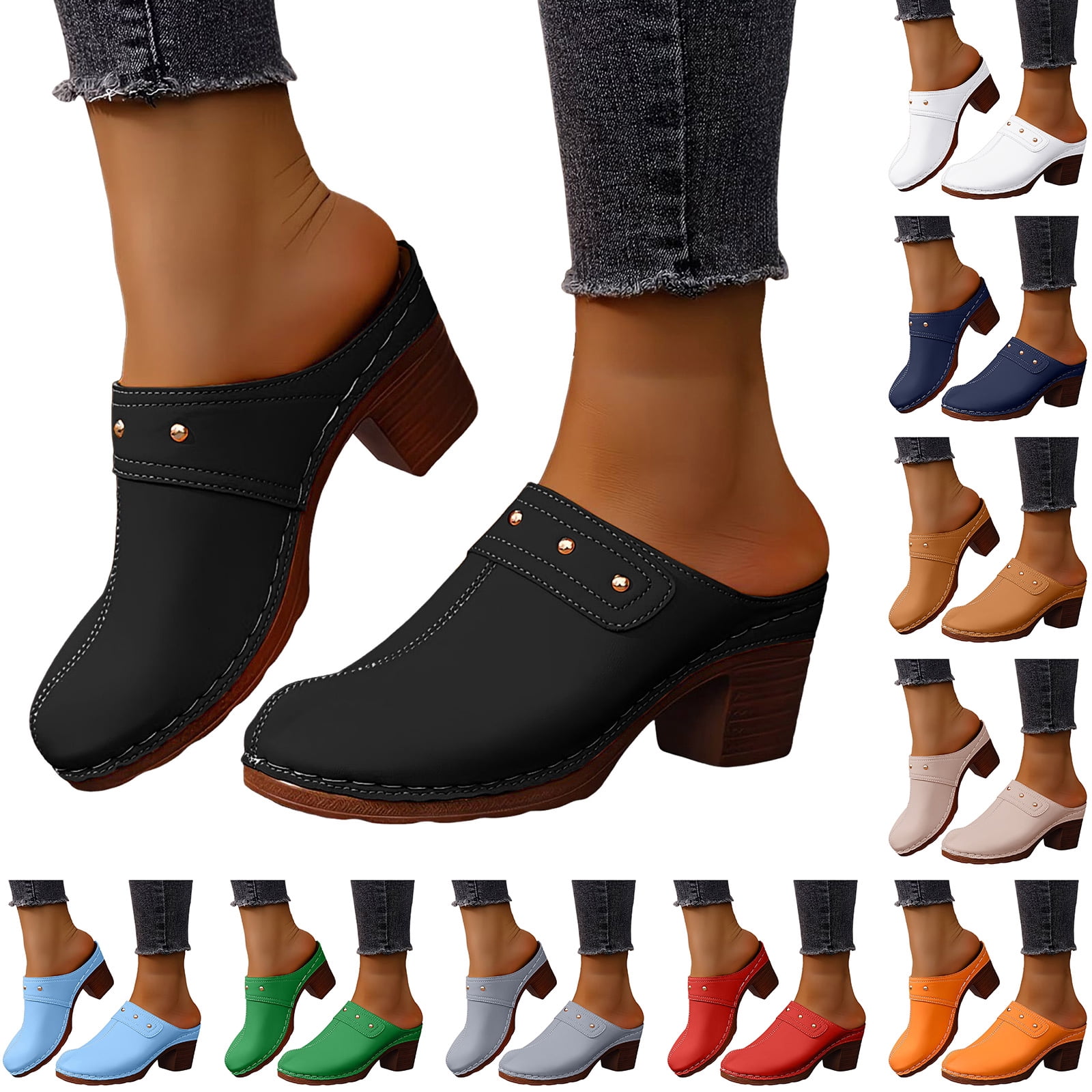 Dakaela Womens Mules Pumps Round Closed Toe Sandals Chunky Heeled ...