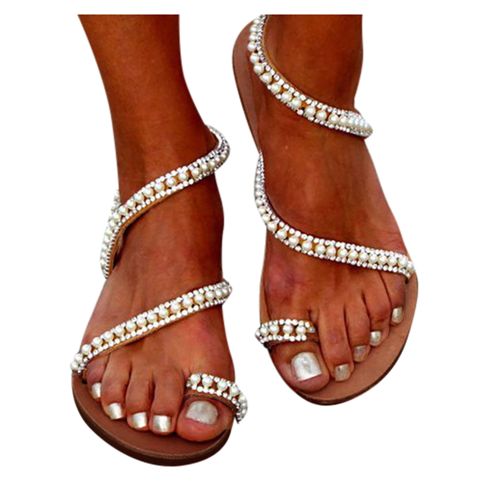 Dakaela Womens Pearl Flat Sandals Toe Ring Strappy Flip Flops Summer ...