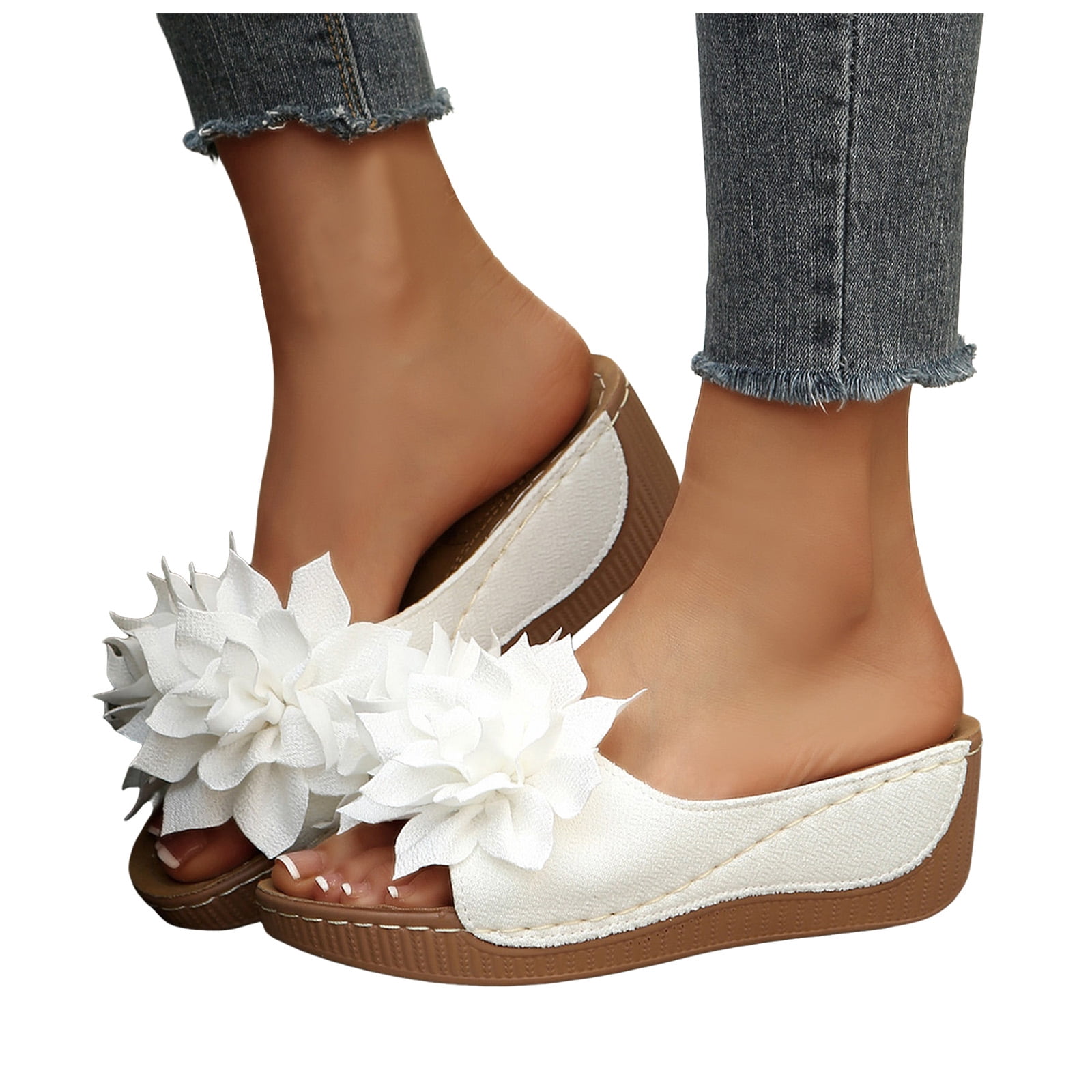 Dakaela Womens Summer Beach Sandals Open Toe Low Wedge Slip on Slides ...