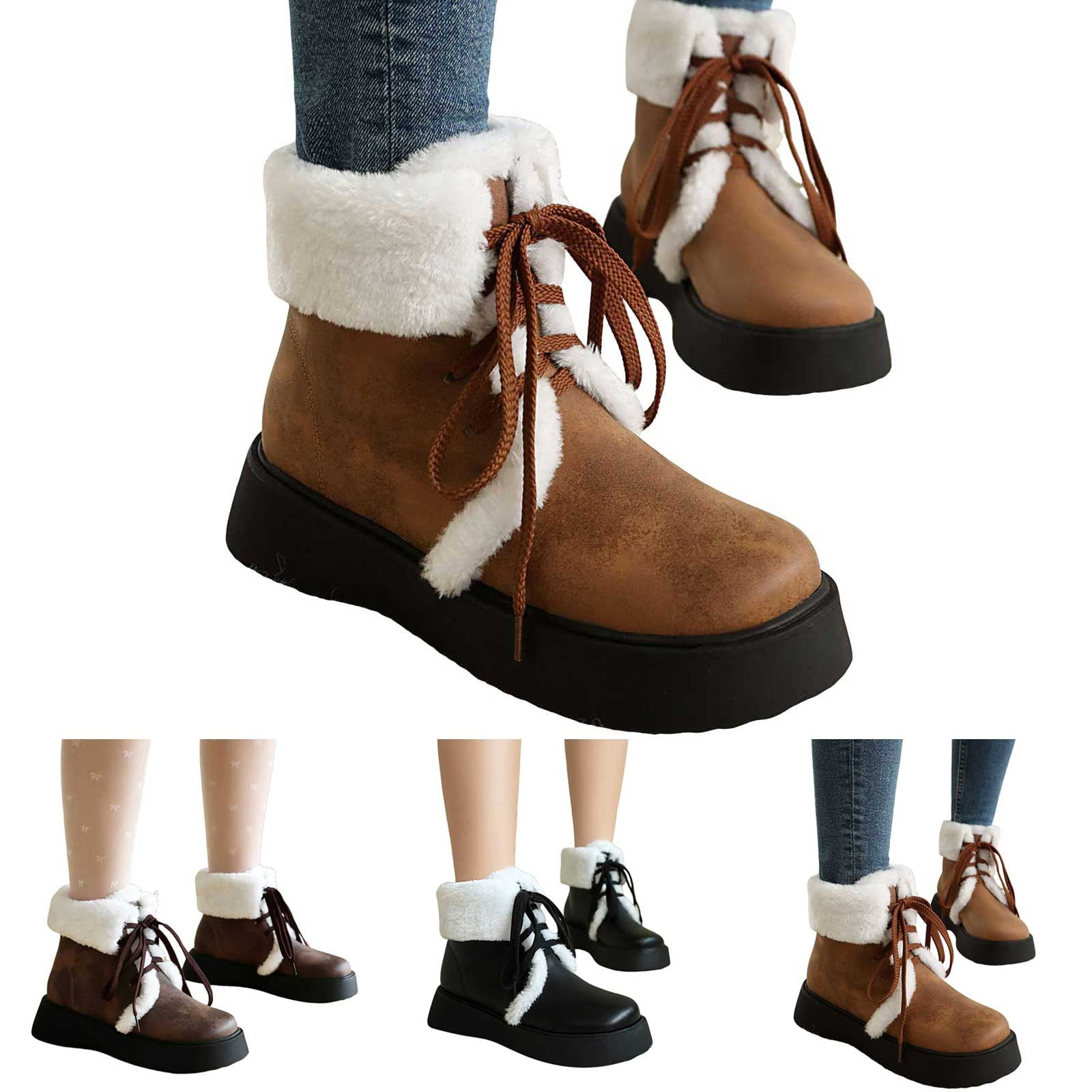 Dakaela Womens WInter Snow Boots Lace up Platform Ankle Booties Fleece ...