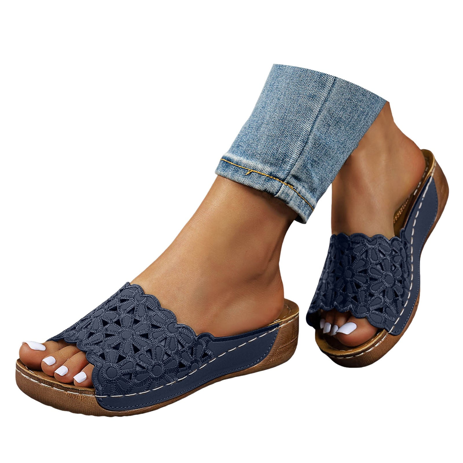 Dakaela Womens Wedge Sandals 2025 Flower Summer Dressy Flat Slip on ...
