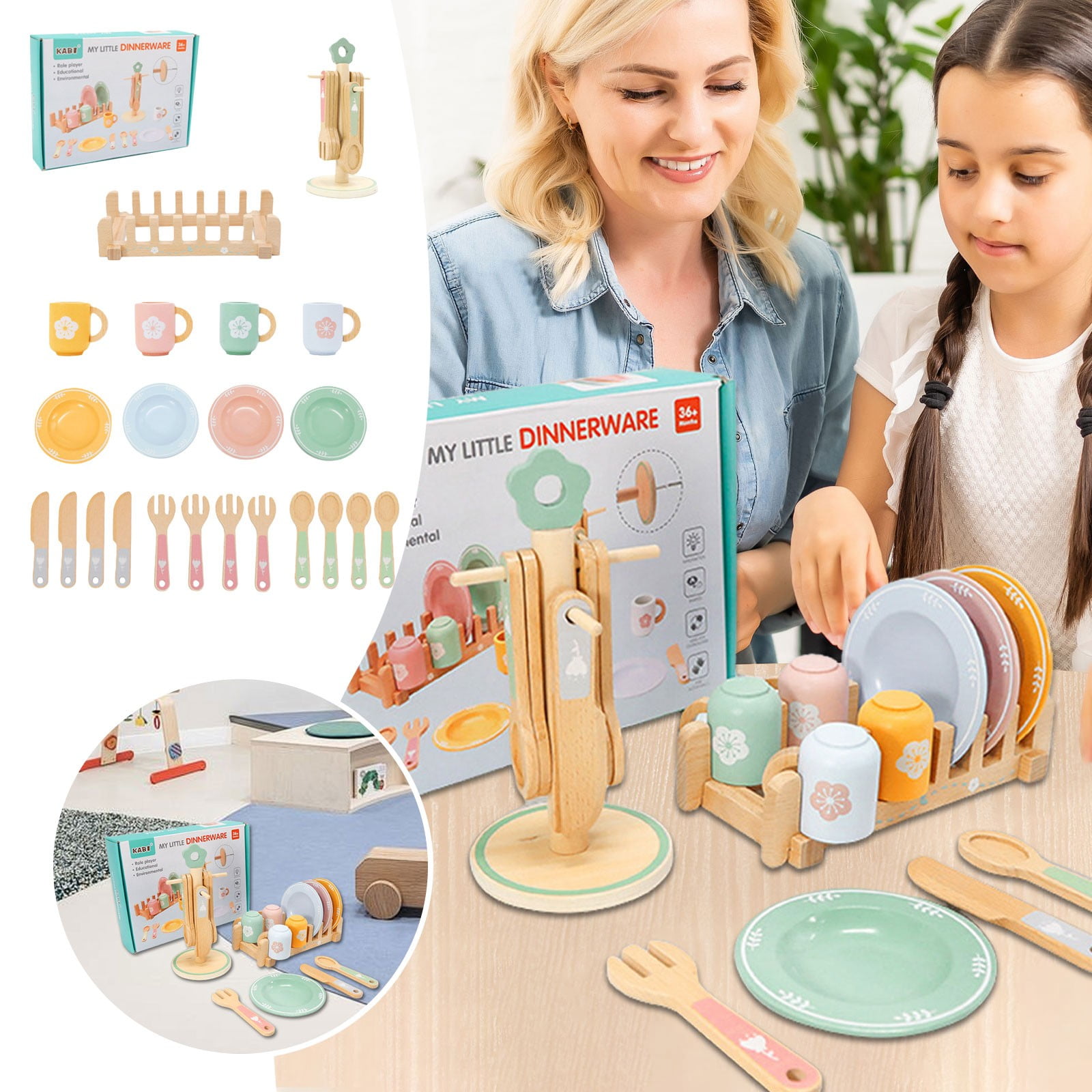 Dakaela Wooden Toy Plates and Dishes Set Montessori Kids Kitchen ...
