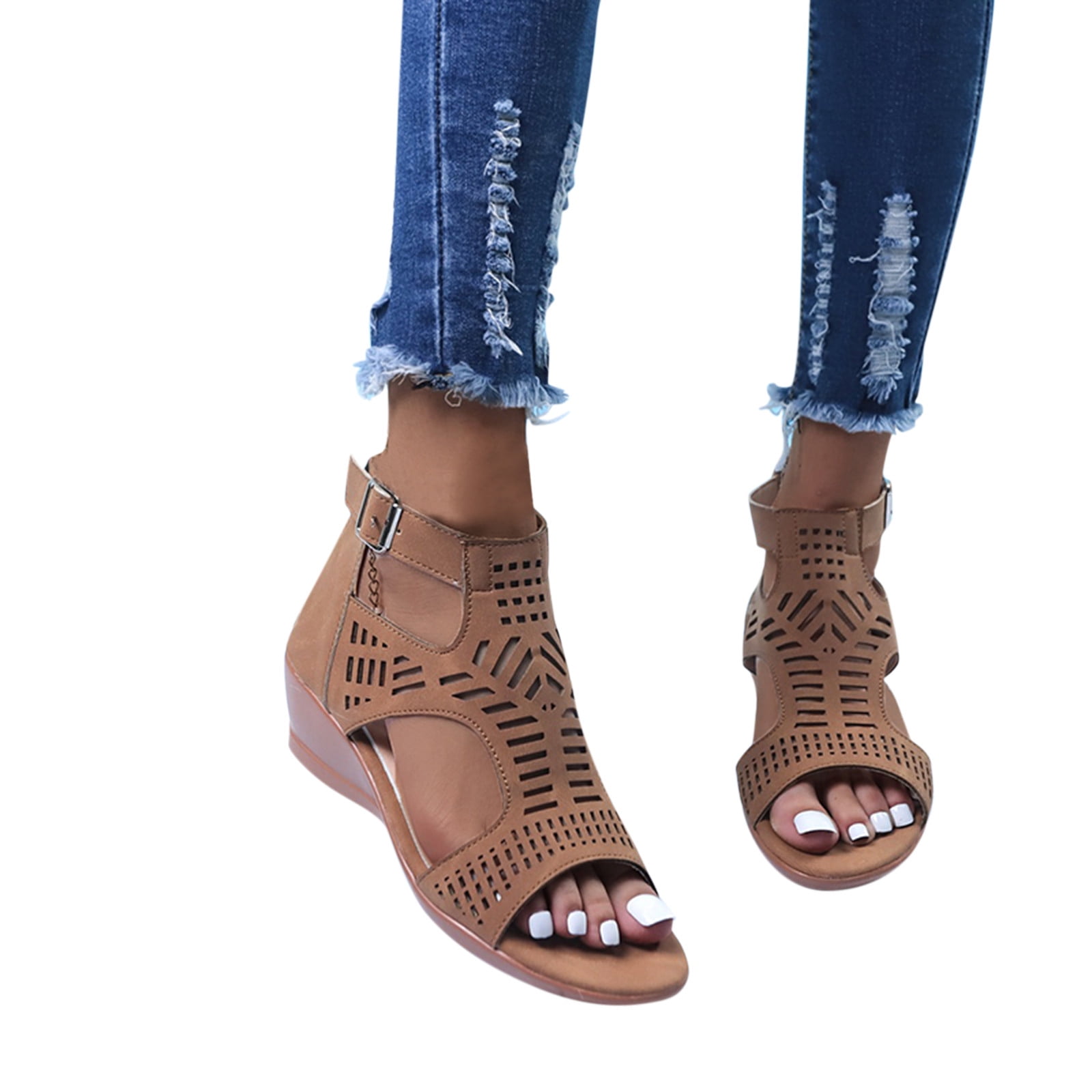 Dakaela Work Booties for Women Peep Toe Low Wedge Heel Sandals Cutout ...