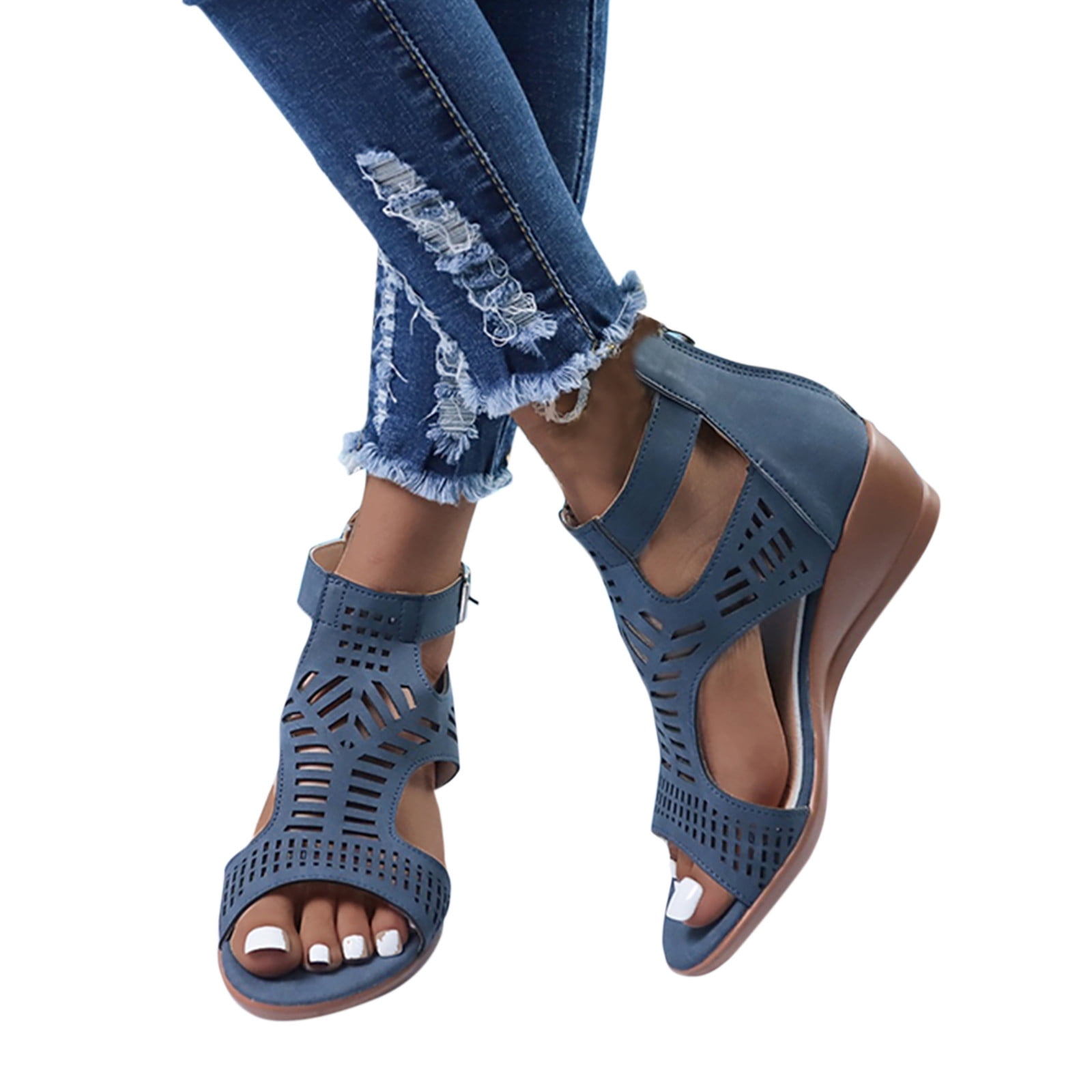Dakaela Work Booties for Women Peep Toe Low Wedge Heel Sandals Cutout ...