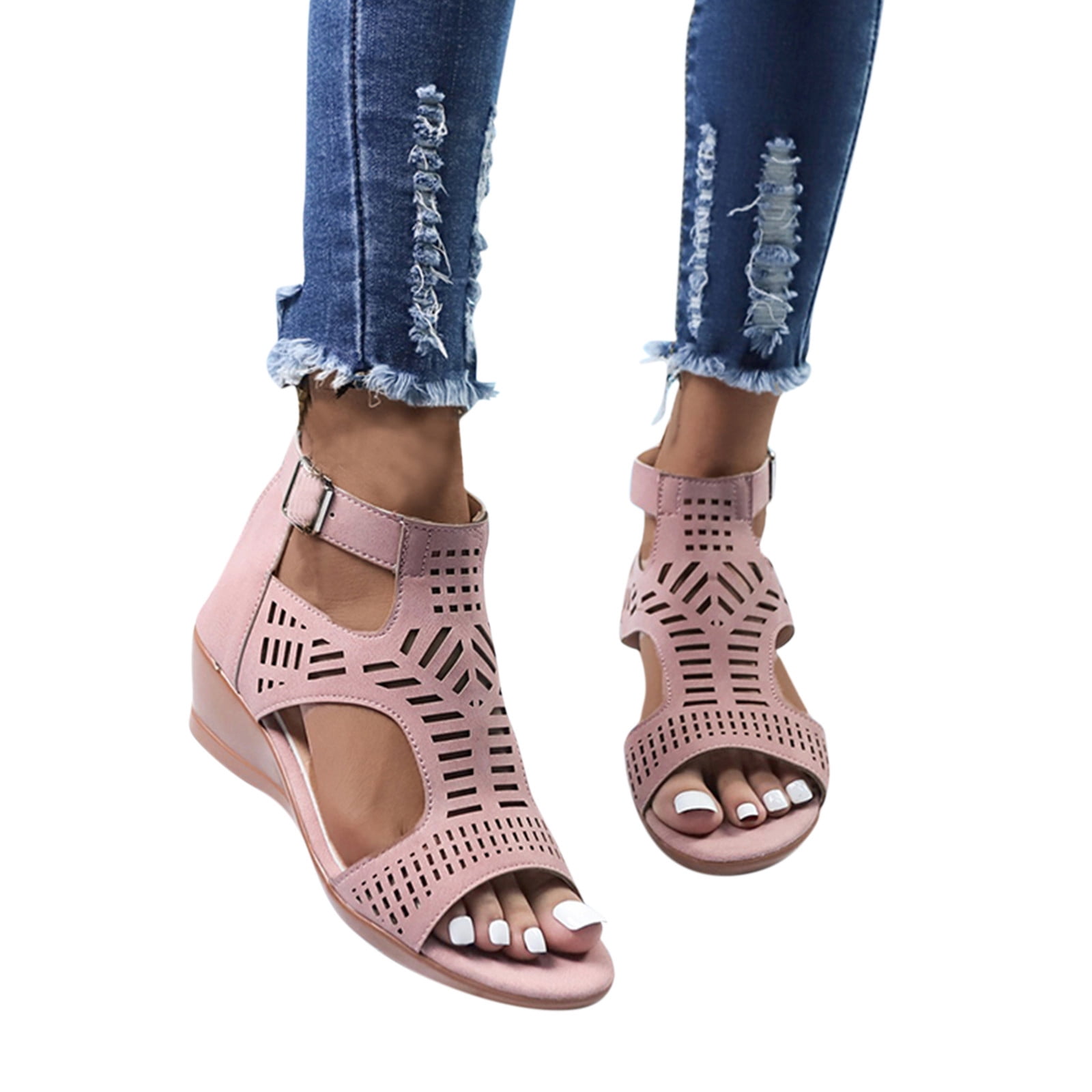 Dakaela Work Booties for Women Peep Toe Low Wedge Heel Sandals Cutout ...