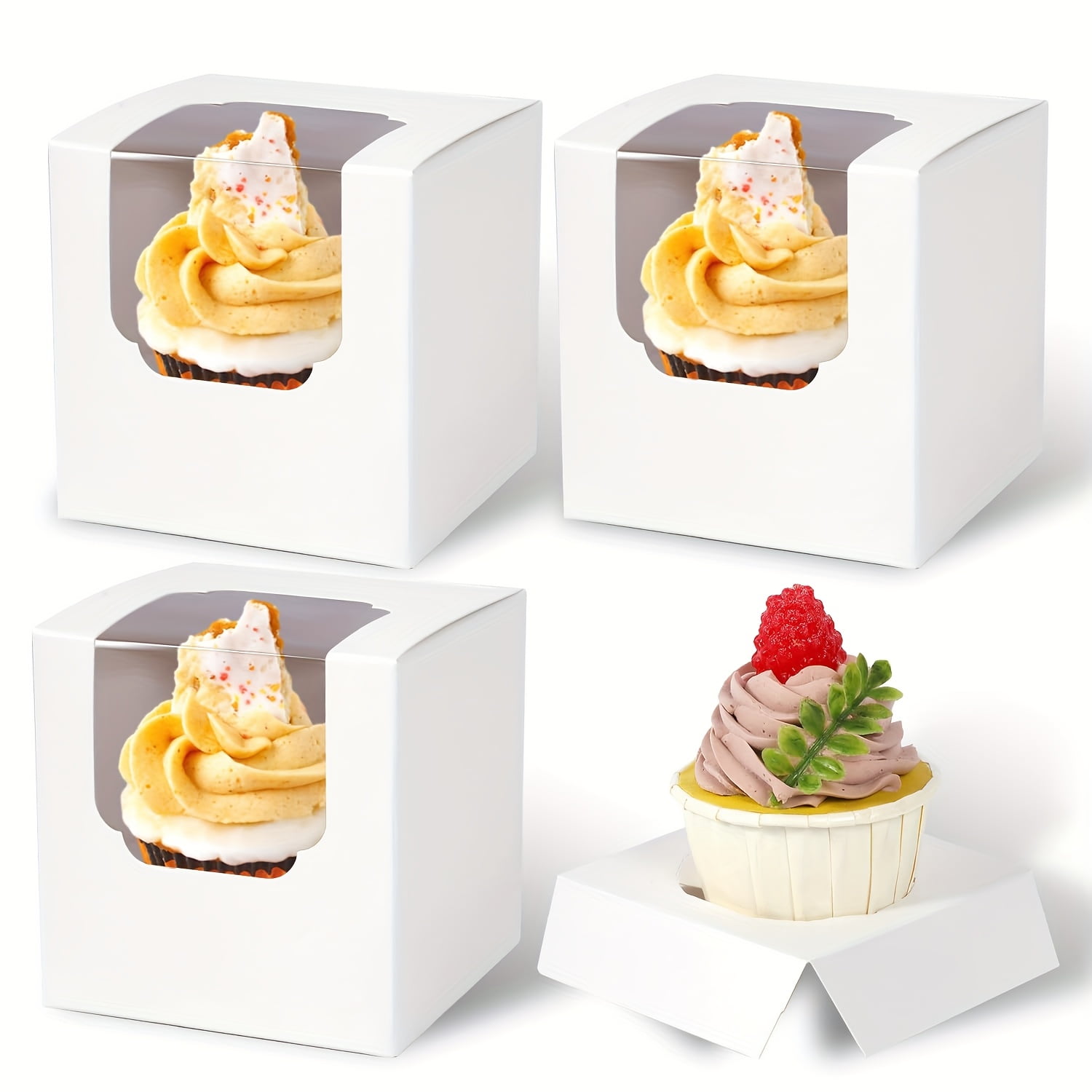 Dakings White Clear Window Cupcake Boxes with Lids, 50-Pack Food-Grade ...