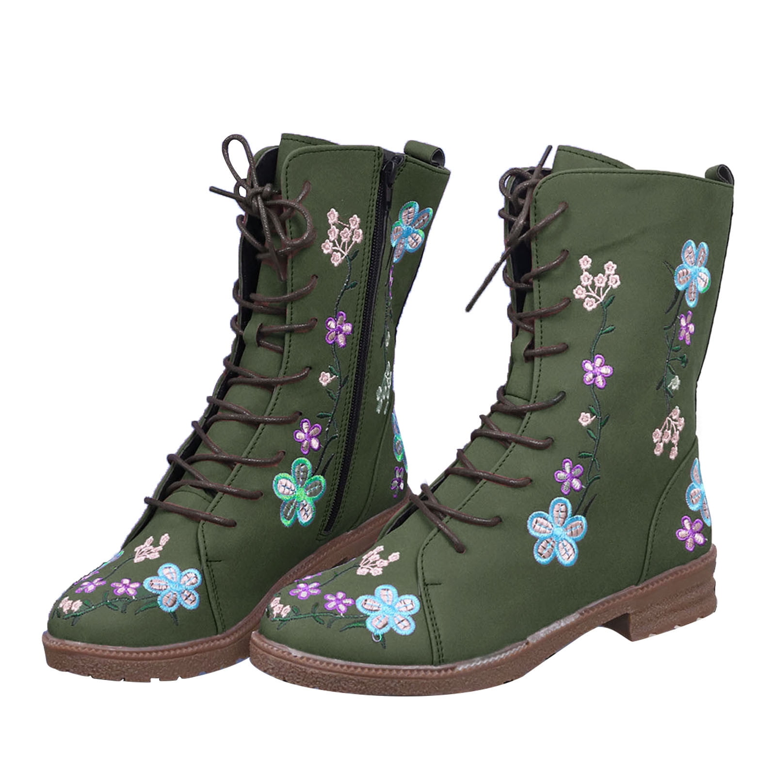 Dakiuu Mid Calf Combat Boots for Women Ethnic Floral Suede Short Riding ...