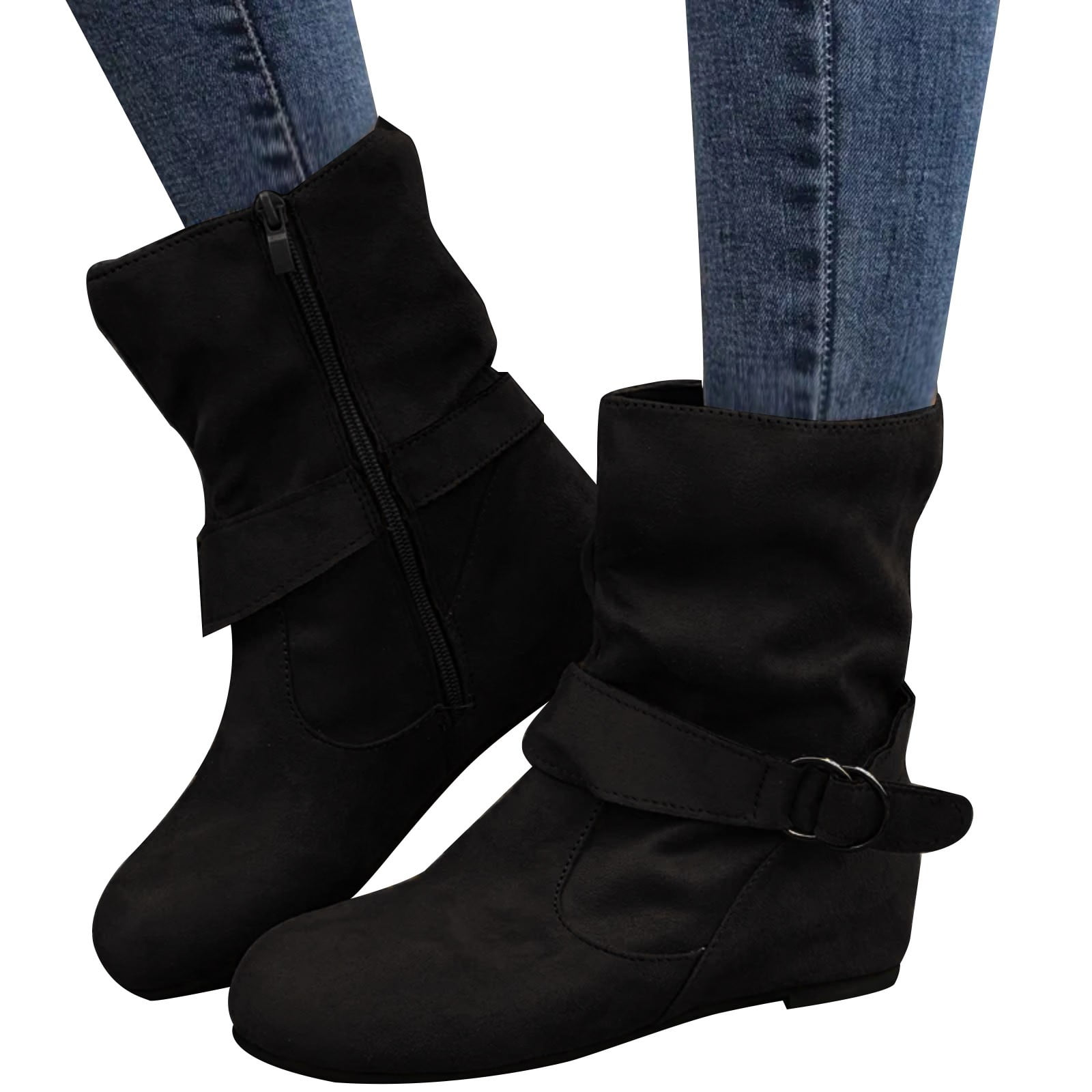 Dakiuu Wide Mid Calf Boots for Women Fashion Slouchy Suede No Heel Flat ...