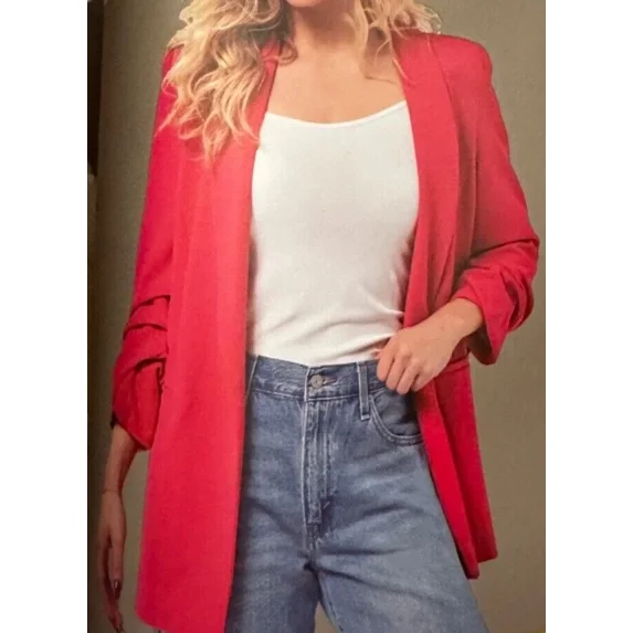 Dakota Blue 4-Way Stretch Knit Crepe Fabric, Ruched Sleeves, Open Front ...