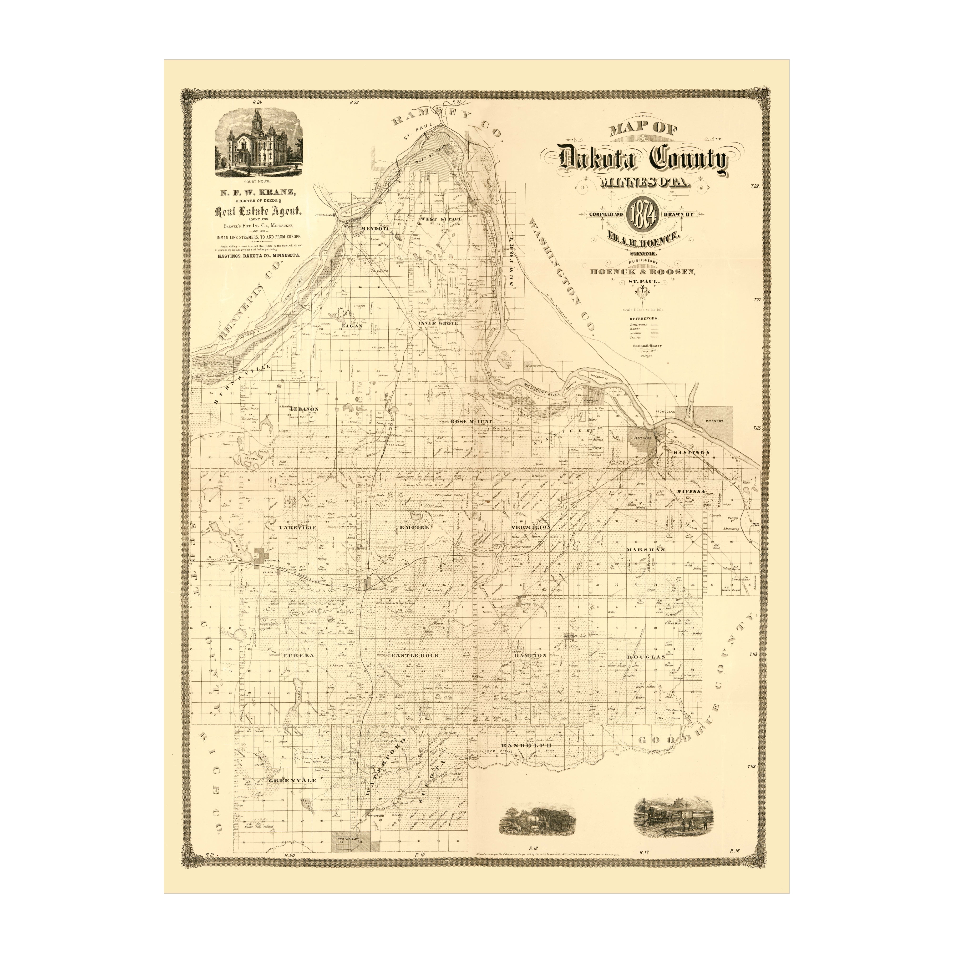 Dakota County Minnesota Art, 1874 Vintage Map of Dakota County MN ...