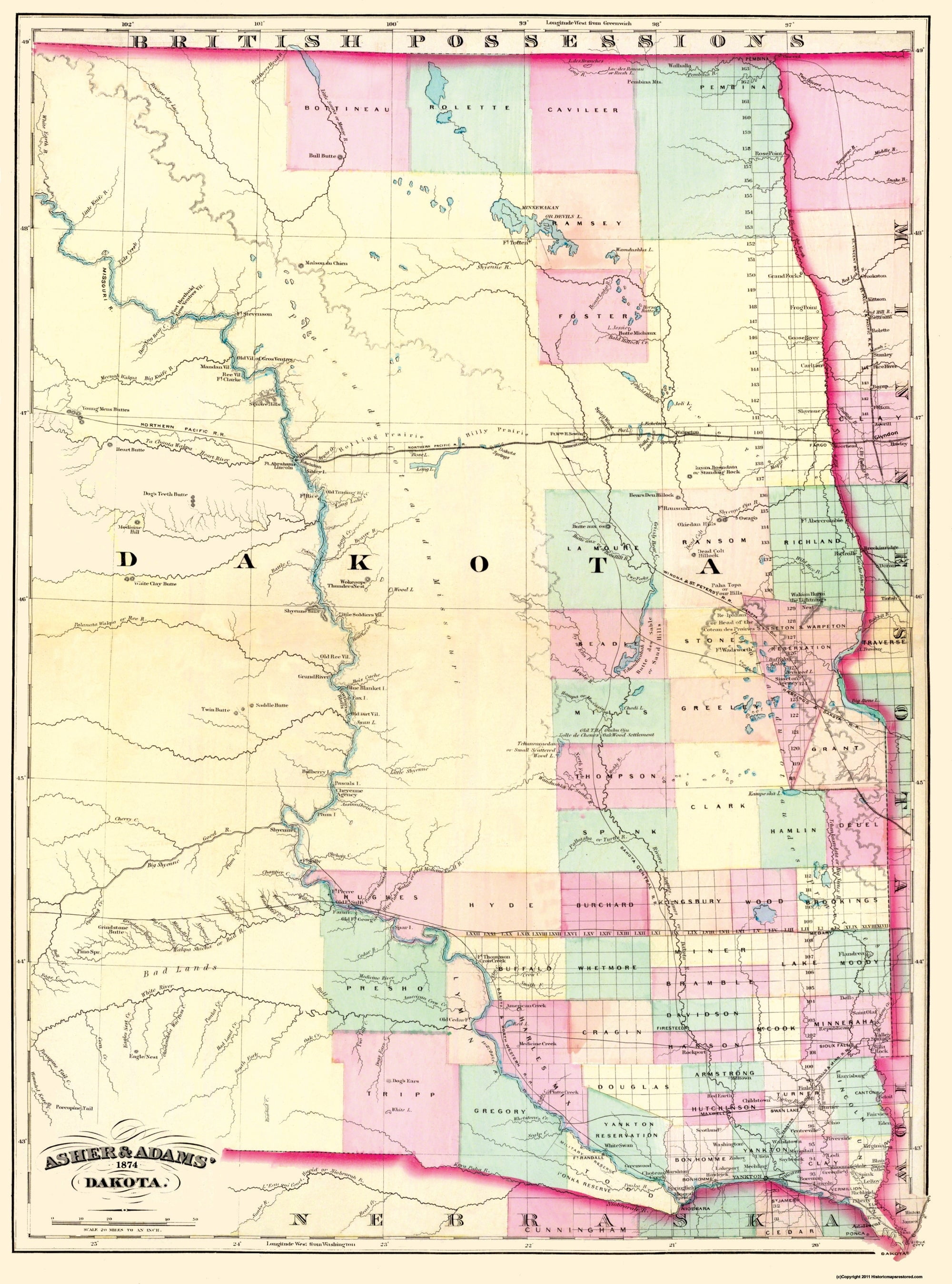 Historic State Map - Dakota Territory - Asher 1874 - 23 x 31 - Vintage ...