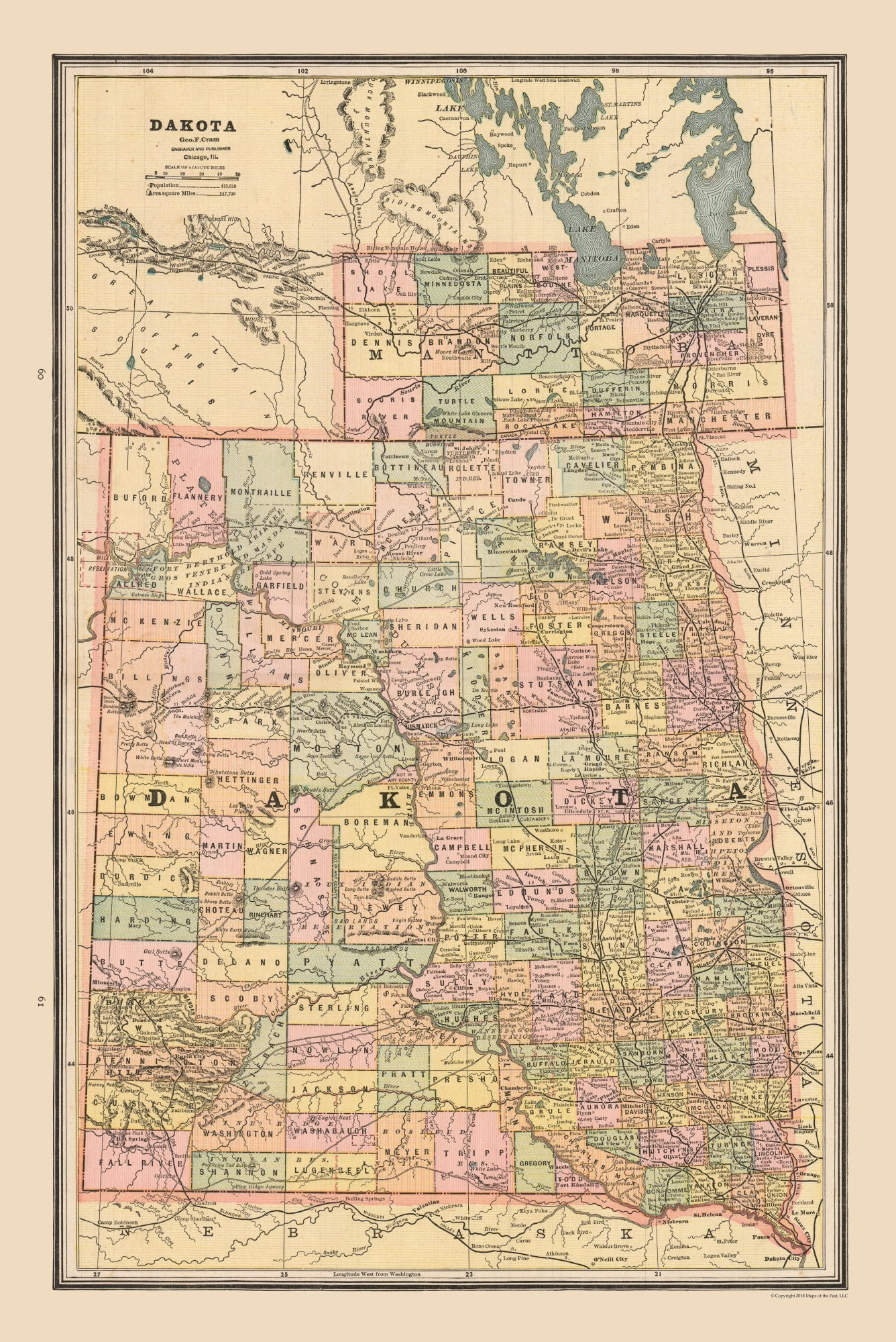 Historic State Map - Dakota Territory - Cram 1888 - 23 x 34.43 ...