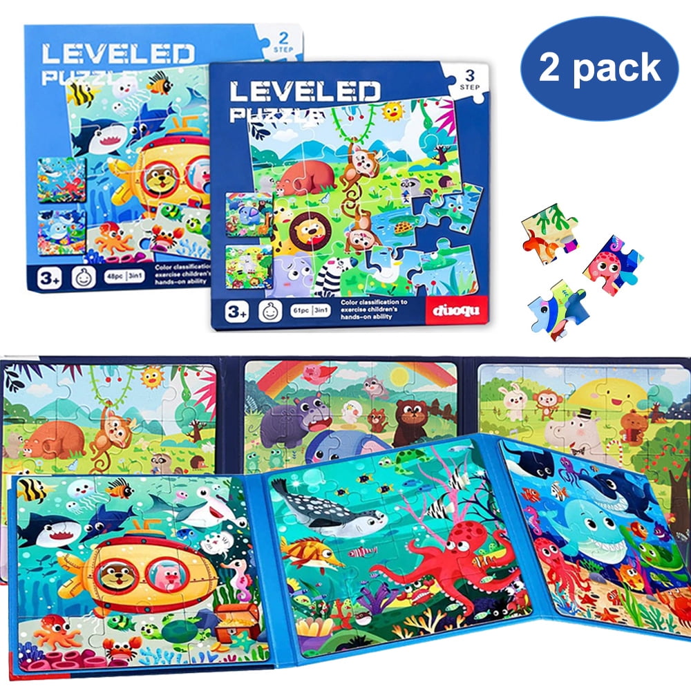 DakotaChin 2 Pack Magnetic Puzzles for Kids Ages 3-5, Sea World & Animal Wooden Jigsaw Puzzles ...