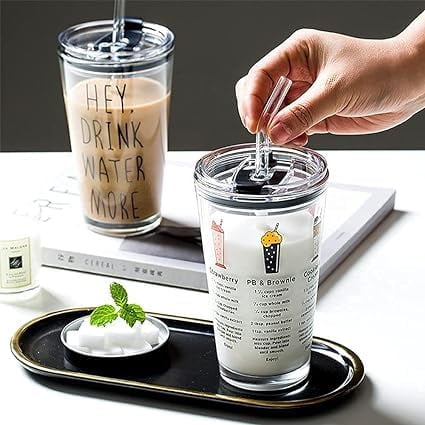 Dakshayanii Glass Tumbler with Lid and Straw Coffee Mug Tea Cup Travel ...