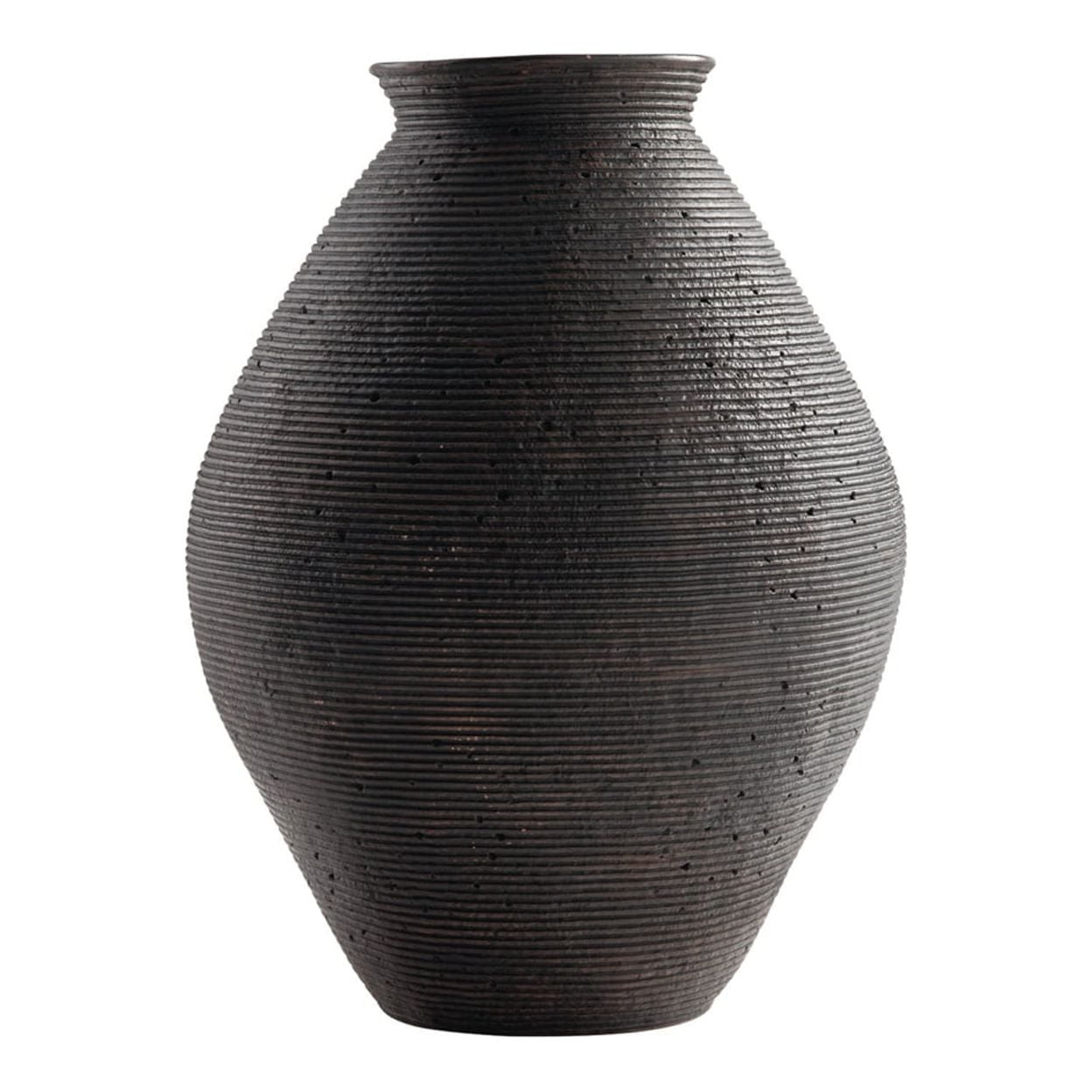 Dale 17 Inch Round Polyresin Vase Tightly Ribbed Texture Antique Brown ...