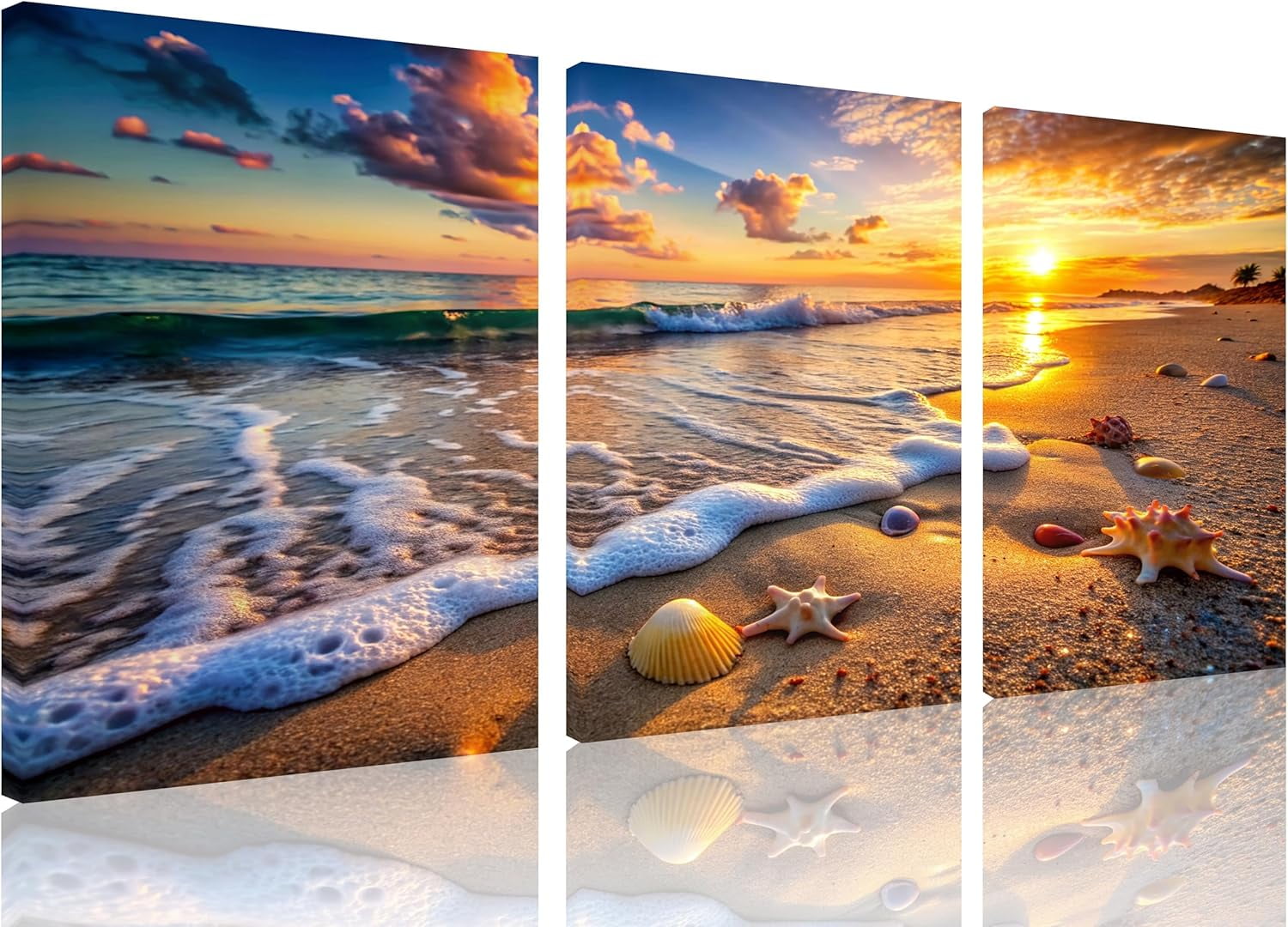 Dale 3 3 Panels Beach Pictures Wall Art Blue Sea White Beach at Sunrise ...