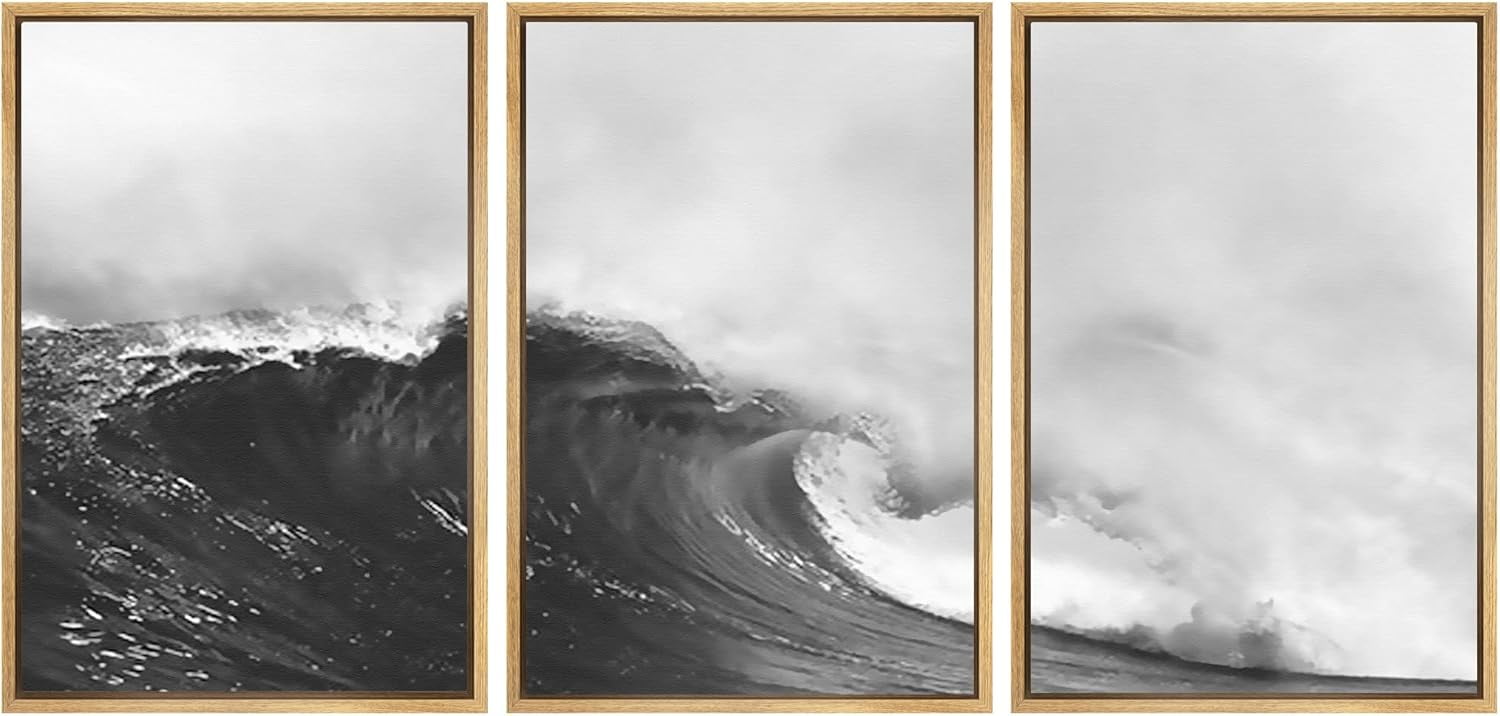 Dale 3 Wall Art Print Set Wide Angle Rushing Ocean Waves and Surfers ...