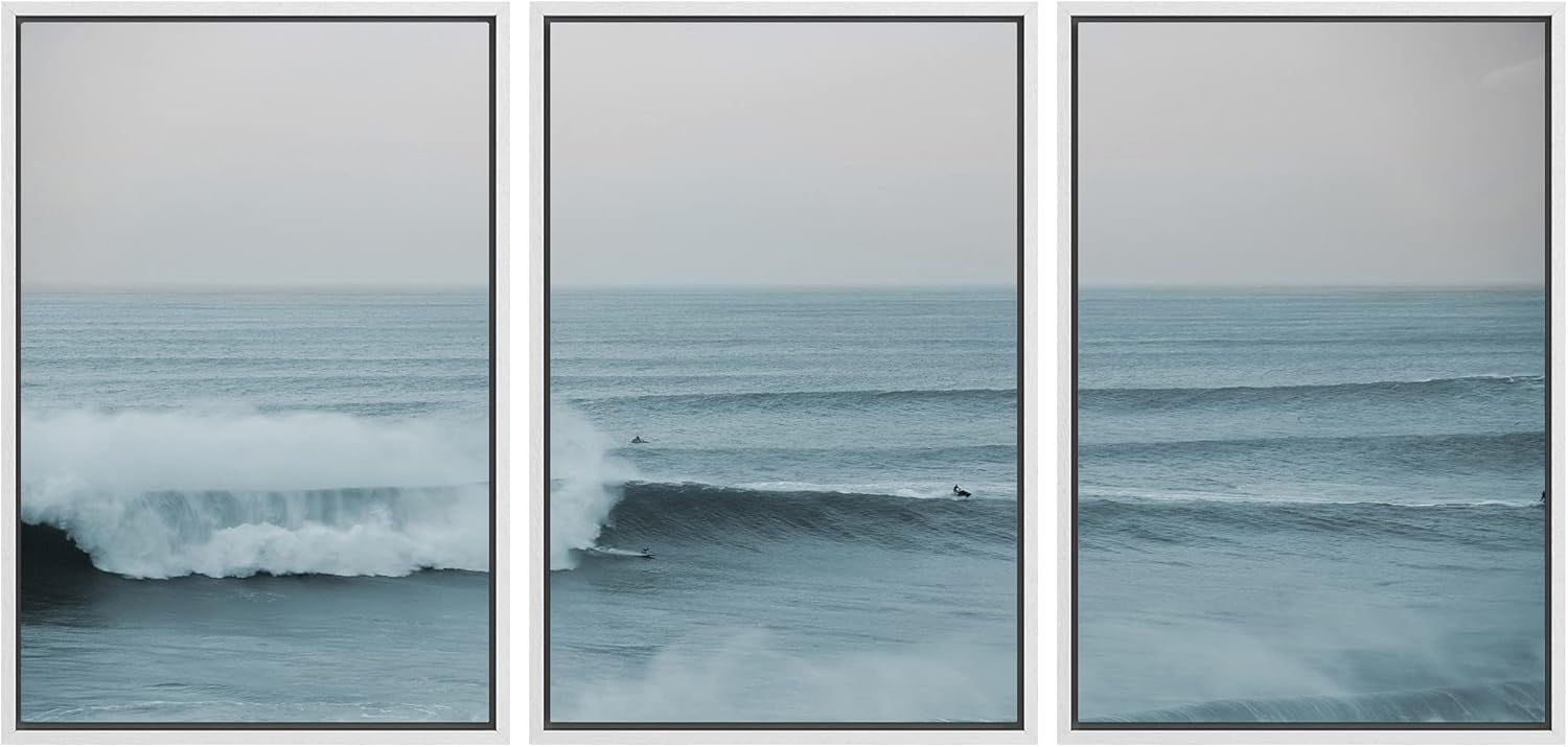 Dale 3 Wall Art Print Set Wide Angle Rushing Ocean Waves and Surfers ...