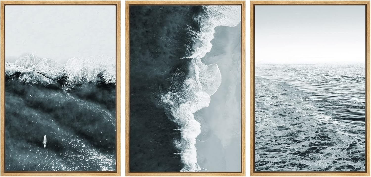 Dale 3 Wall Art Print Set Wide Angle Rushing Ocean Waves and Surfers ...