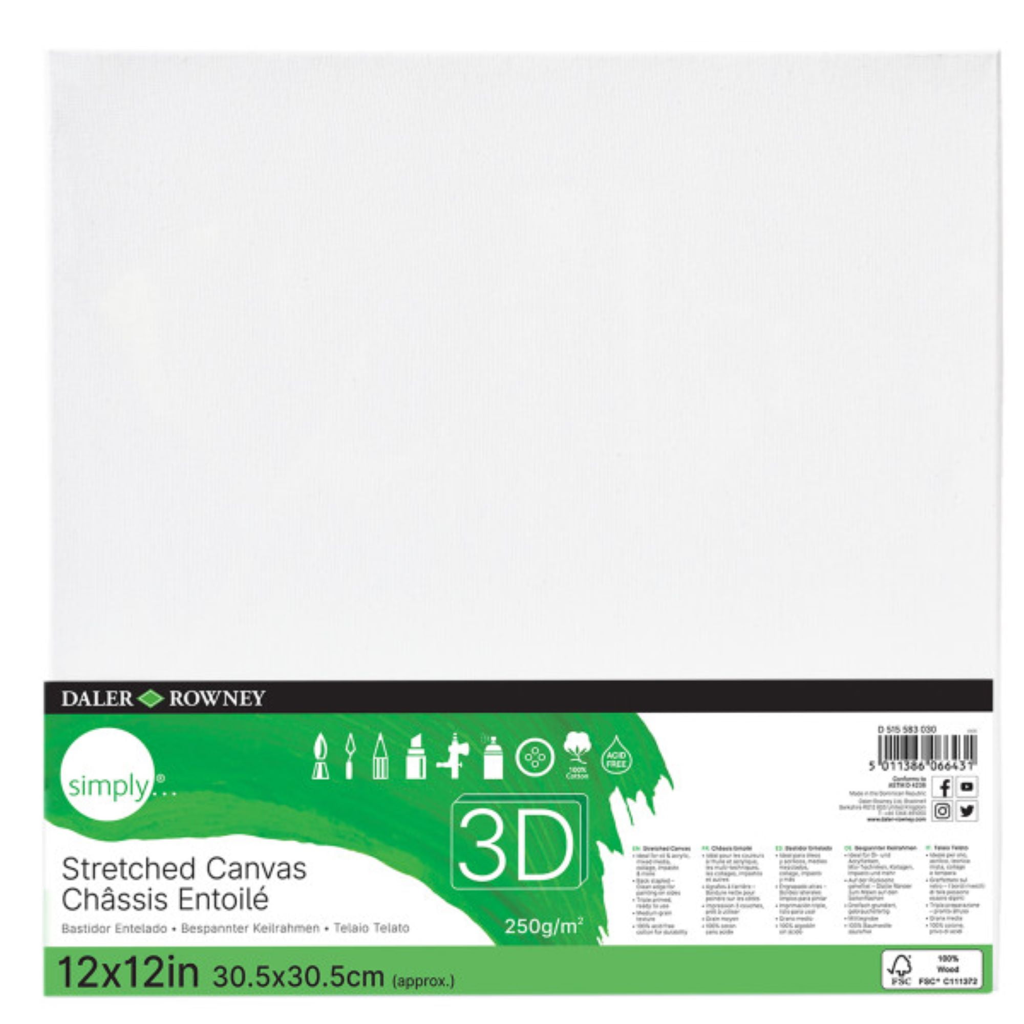 Daler-Rowney Simply Canvas, 3D White Stretched, 12" x 12", 1 Each ...