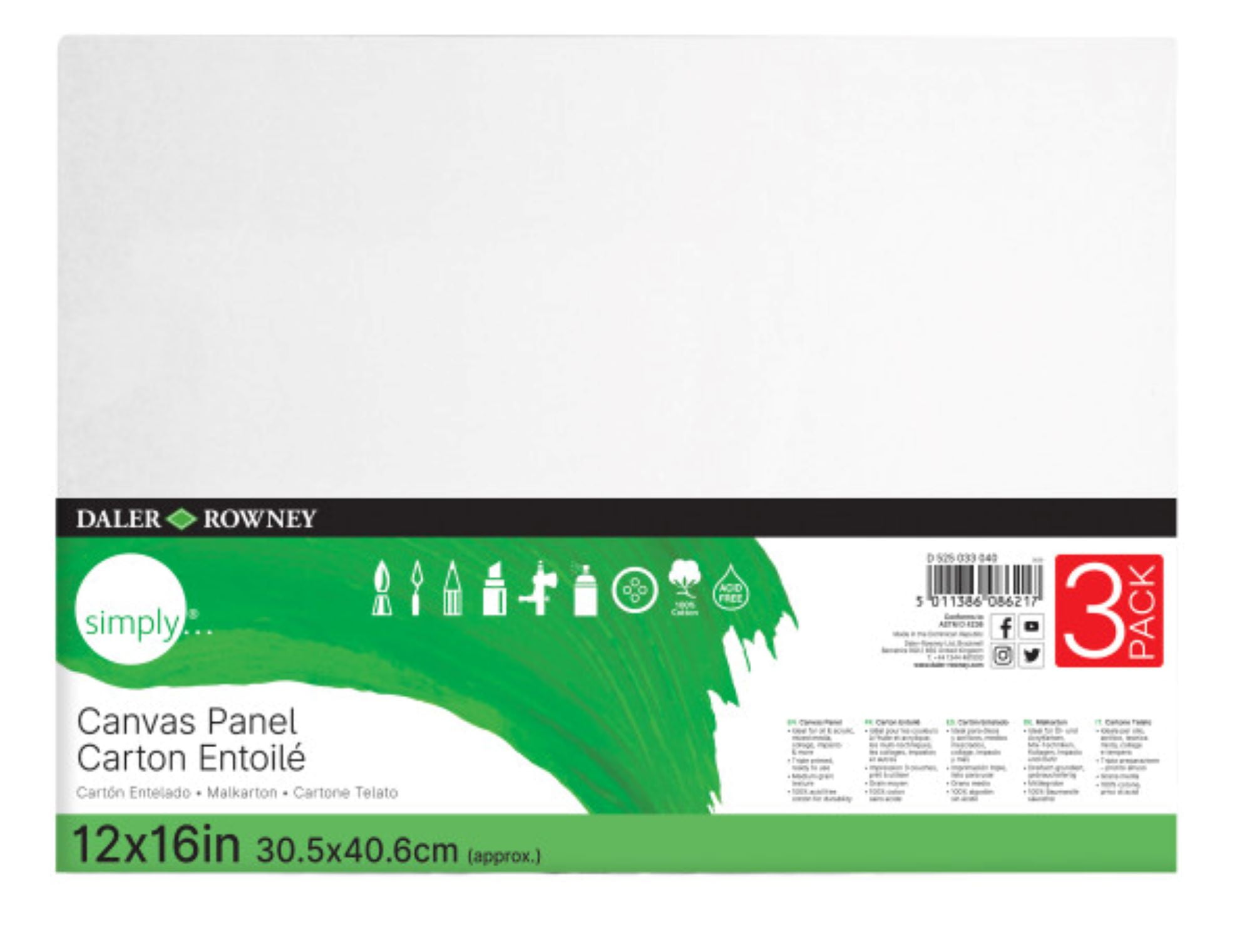 Daler-Rowney Simply Canvas Panels, White, 12x16 inch, 3 Pack, 100% ...