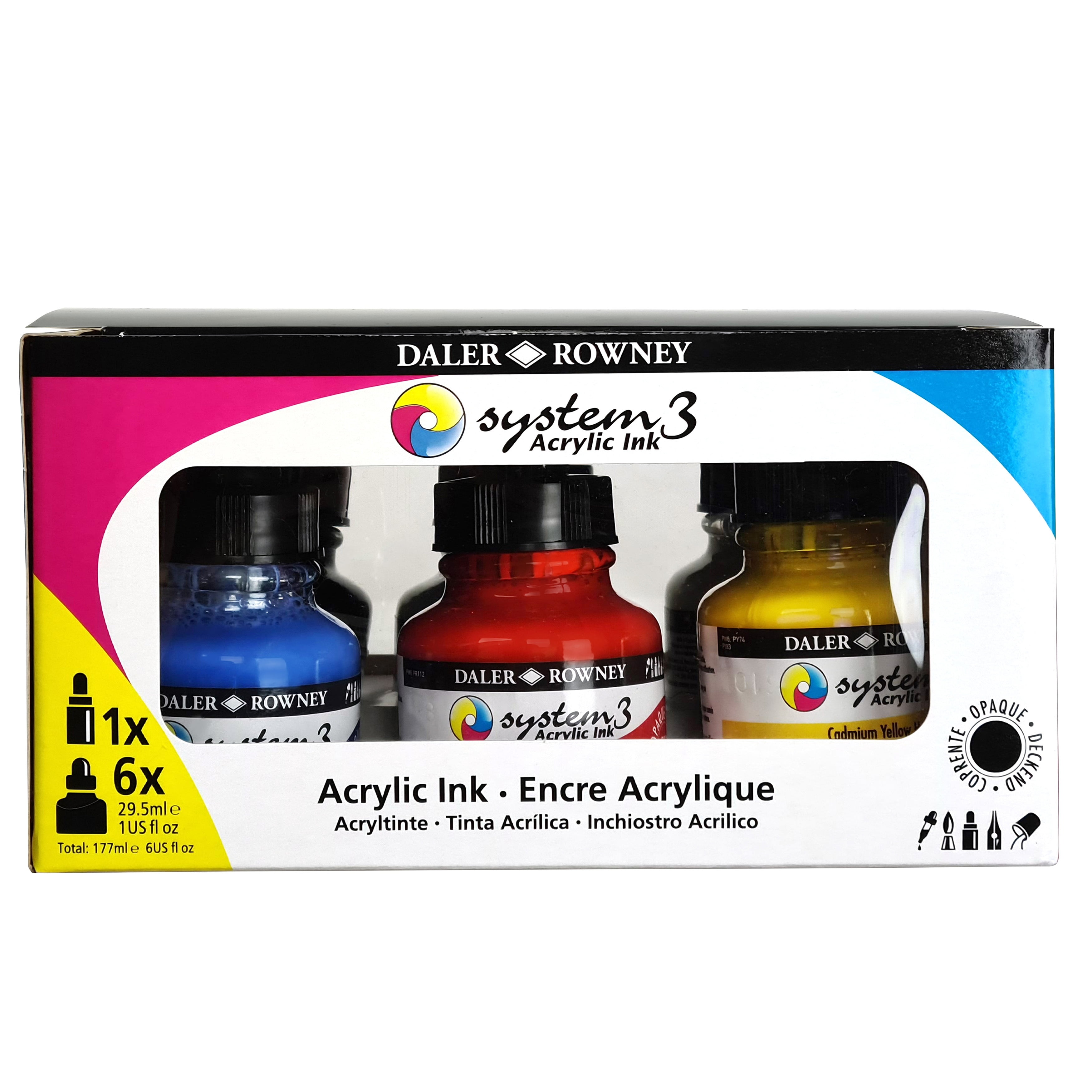 Daler-Rowney System3 Acrylic Ink Introduction Set 6/Pkg-Assorted Colors ...